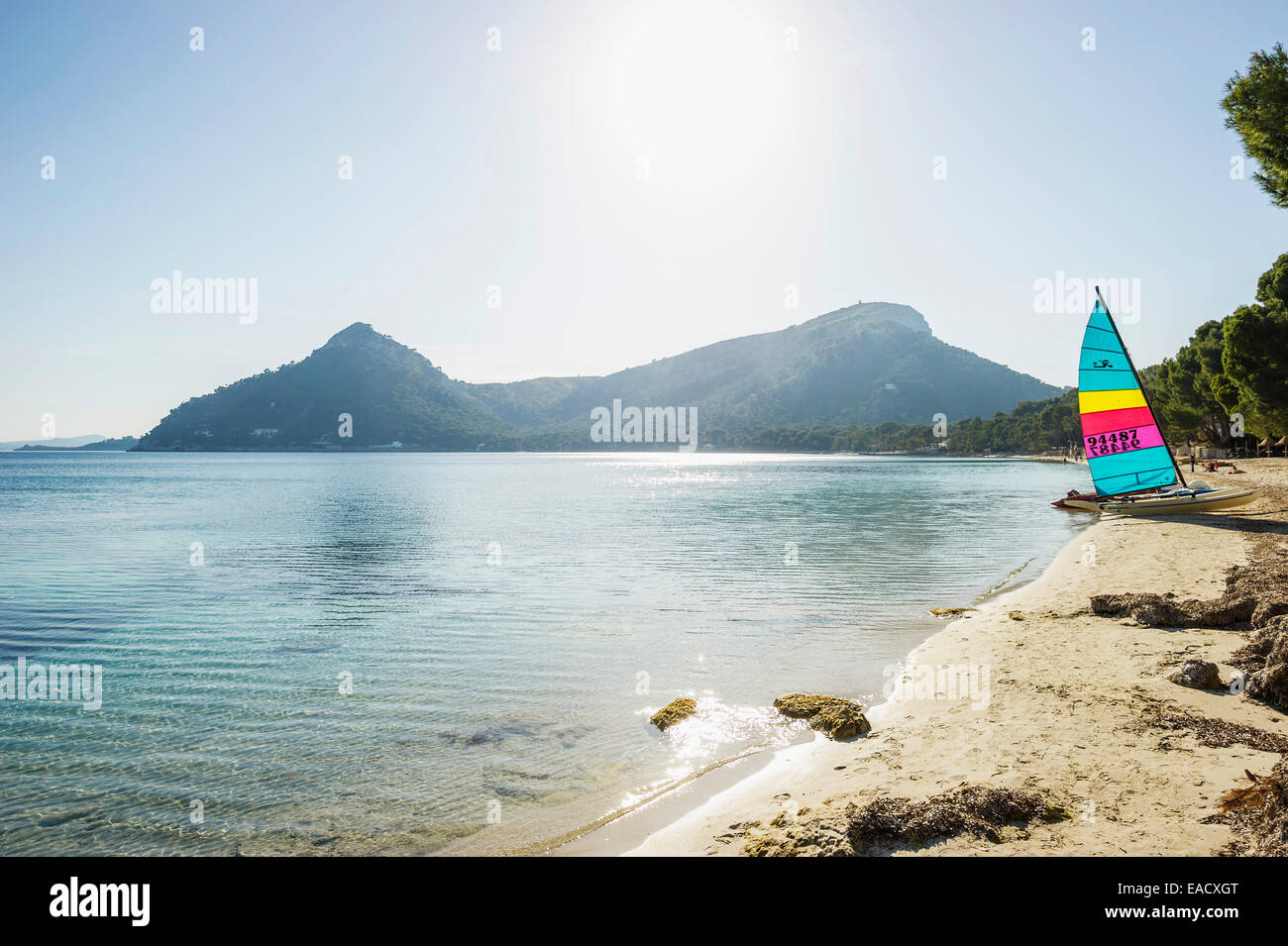 Sailing boat and beach, Platja Formentor, Cap de Formentor, Pollença ...