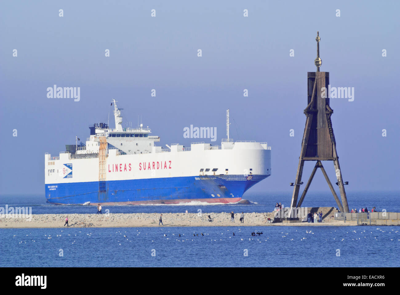 Kugelbake and transport ship at Elbe River Mouth, Cuxhaven, Germany ...
