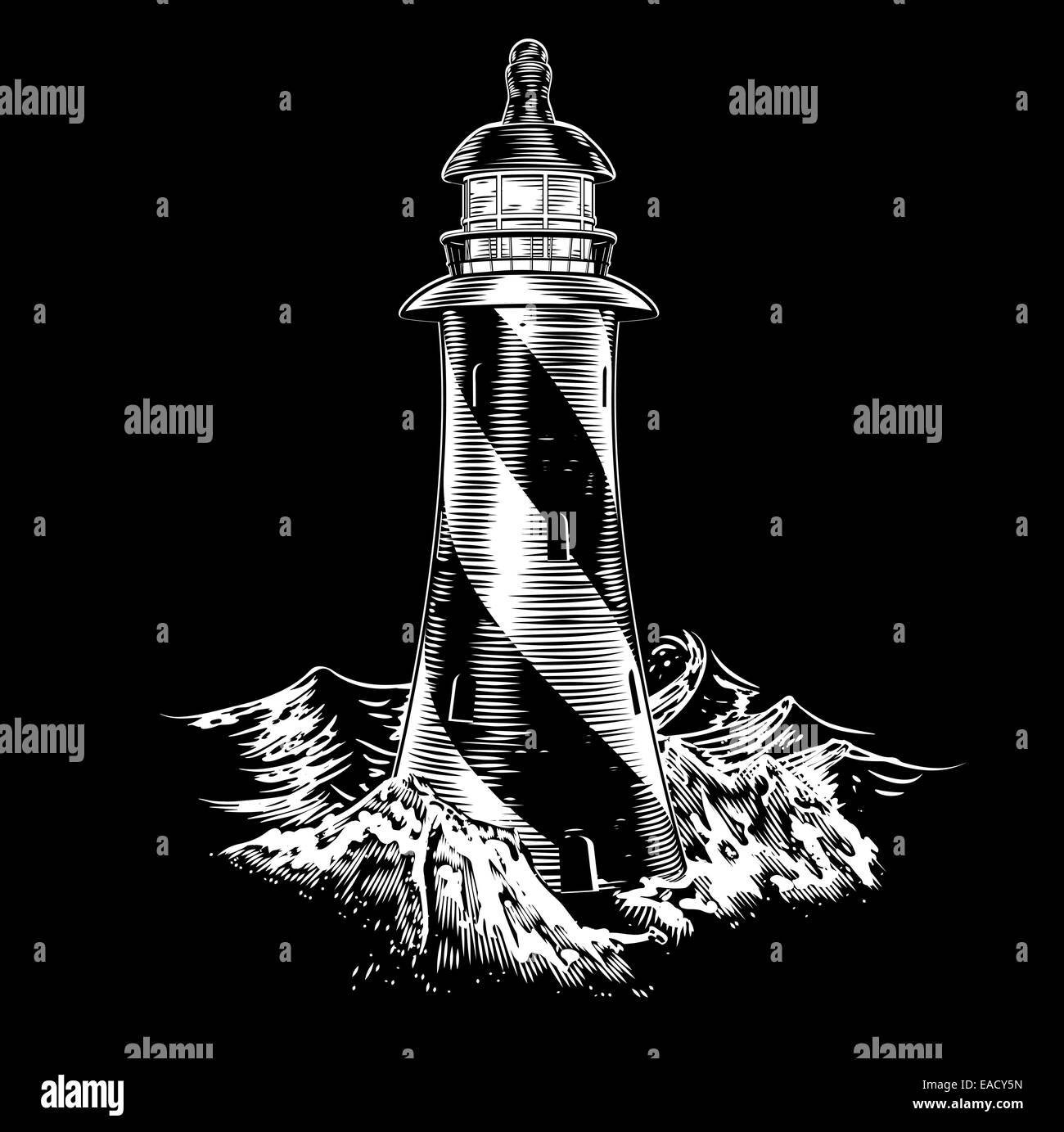 A lighthouse in a vintage lithograph style with a rough ocean behind ...