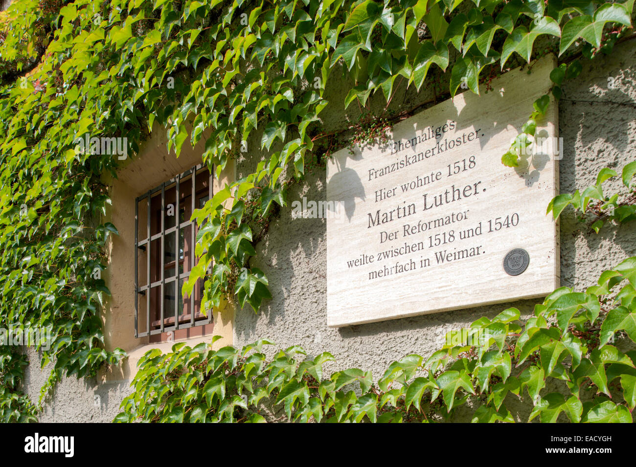 Memorial for Martin Luther, stone slab with an inscription, building of ...