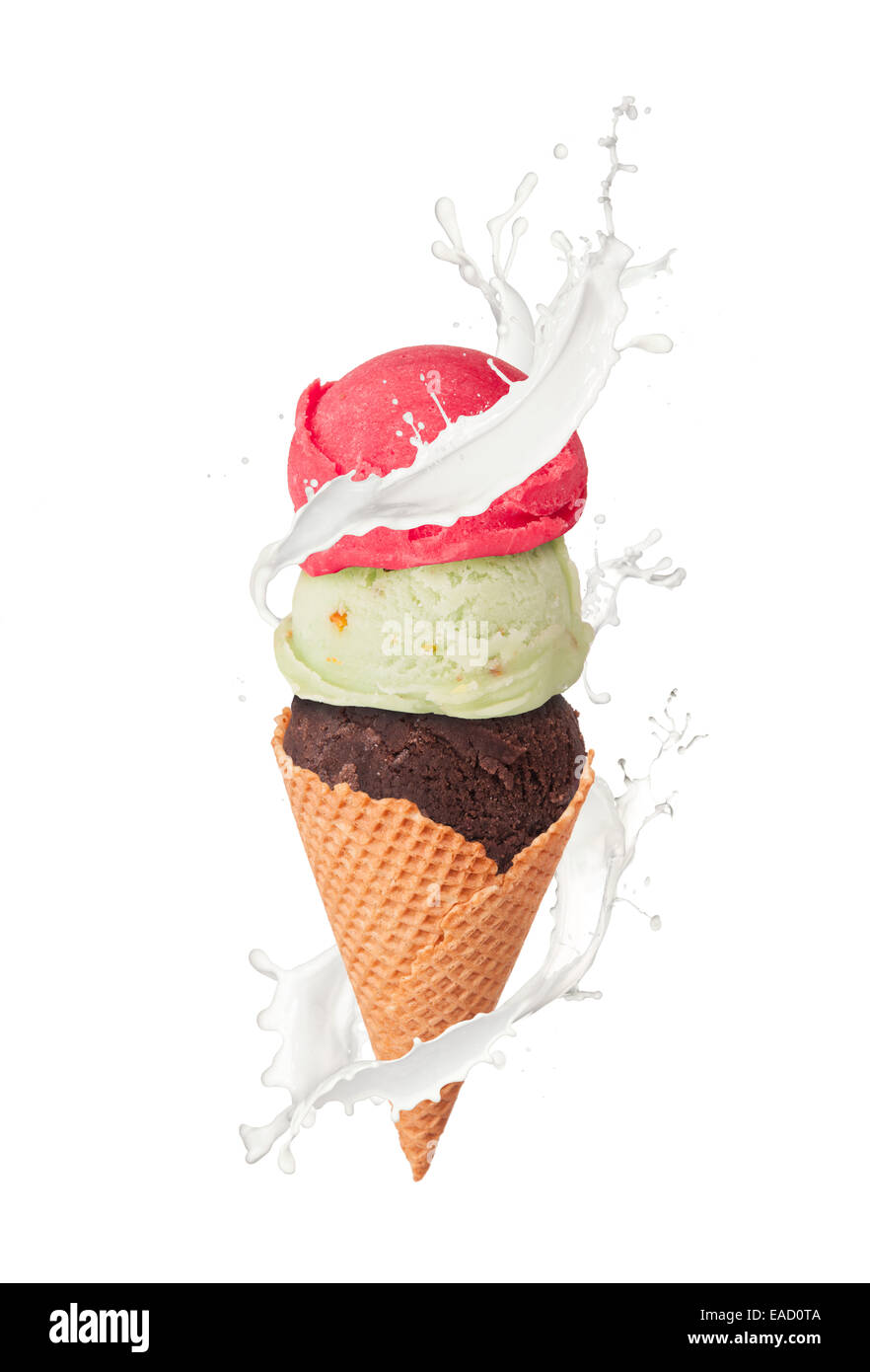 Studio photo of isolated ice cream in waffle cone on white background ...