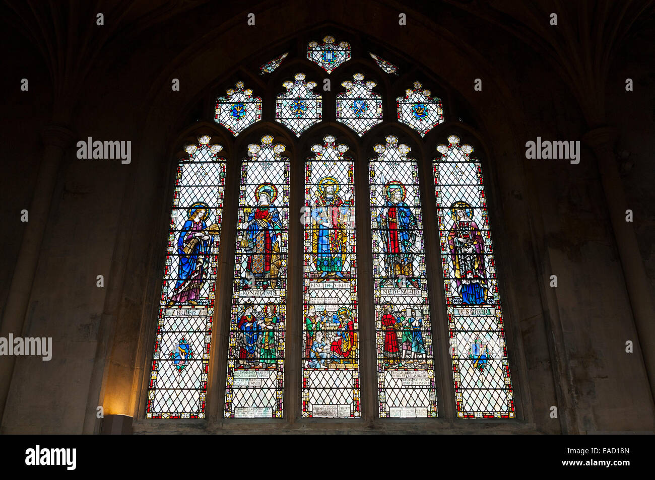One of many stained glass windows in Bath Abbey, in Bath, Somerset ...