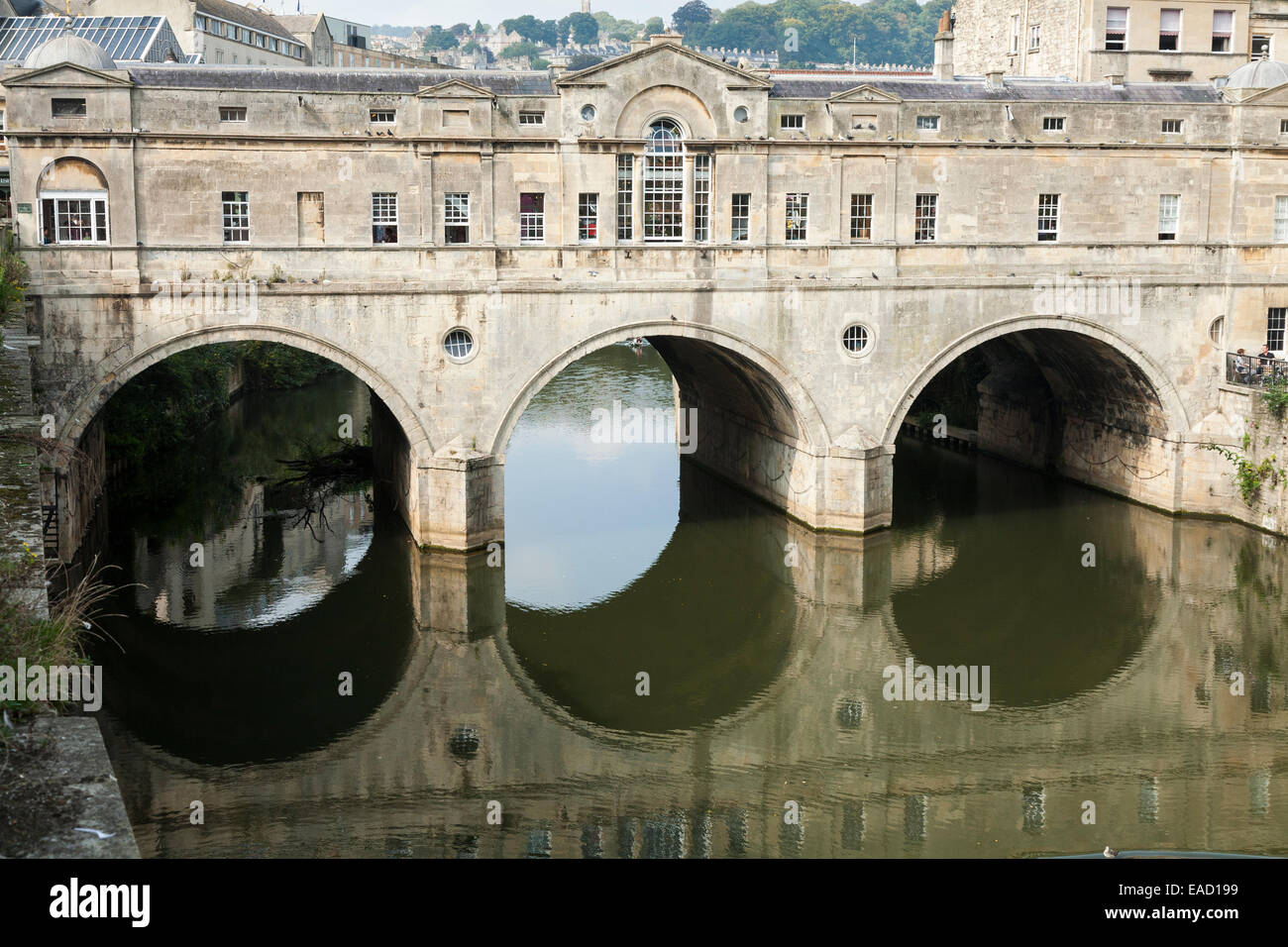 Three 3 arches of Pulteney Bridge; it spans the river Avon in Bath ...