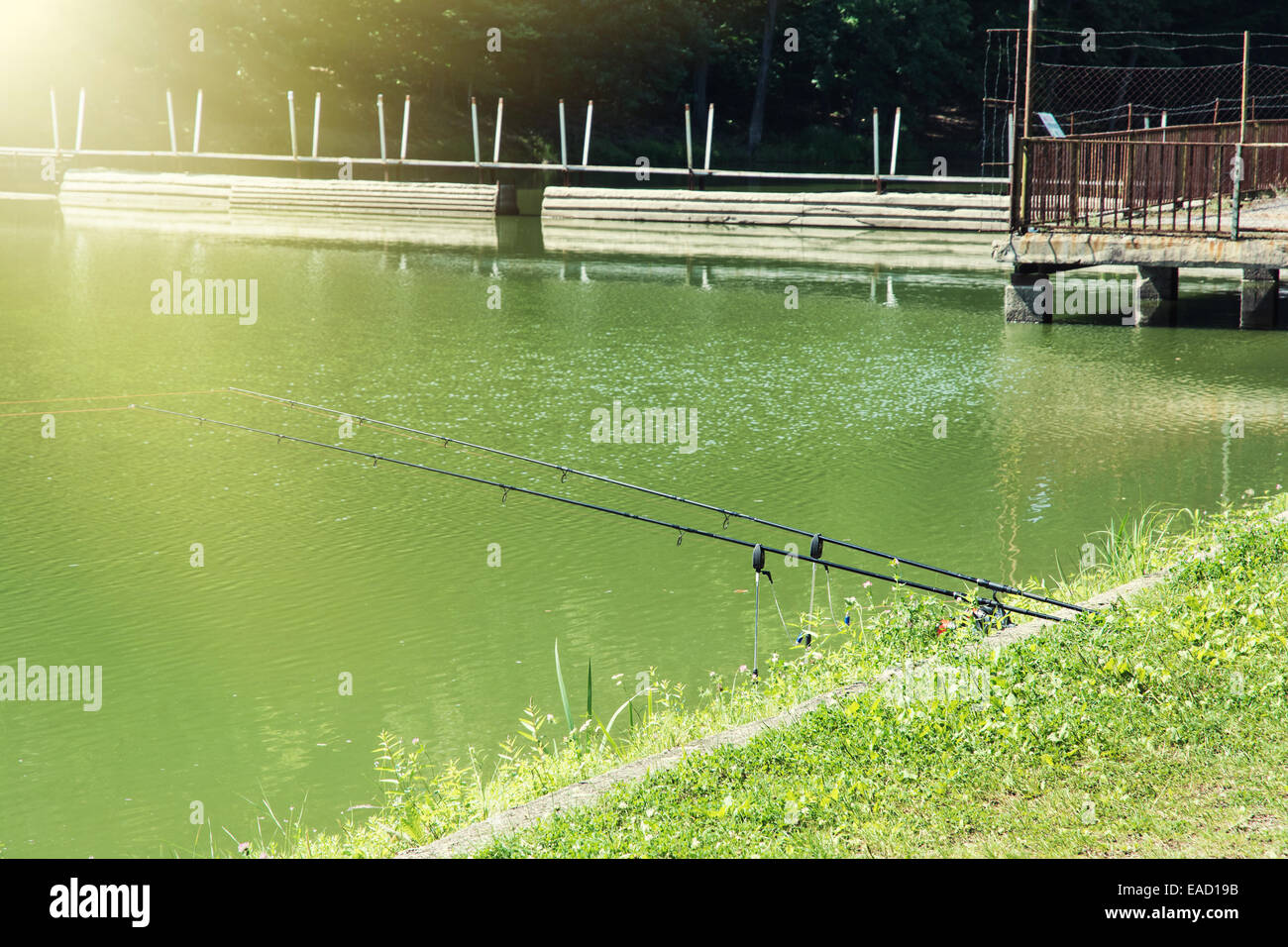 Fishing rods on the lake. Leisure activity Stock Photo - Alamy