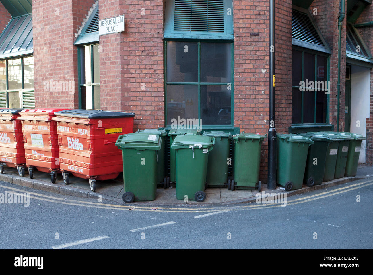 Recycling garbage rubbish bins on 'Jerusalem' place Manchester, UK ...