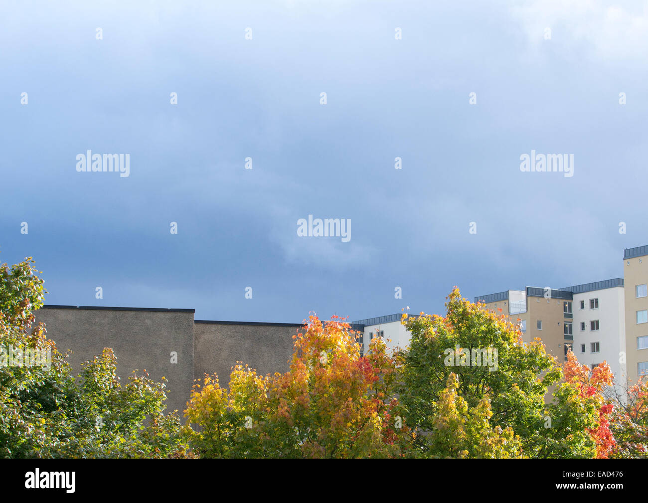 Autumn thunder skies and buildings in Vallingby, outside Stockholm ...