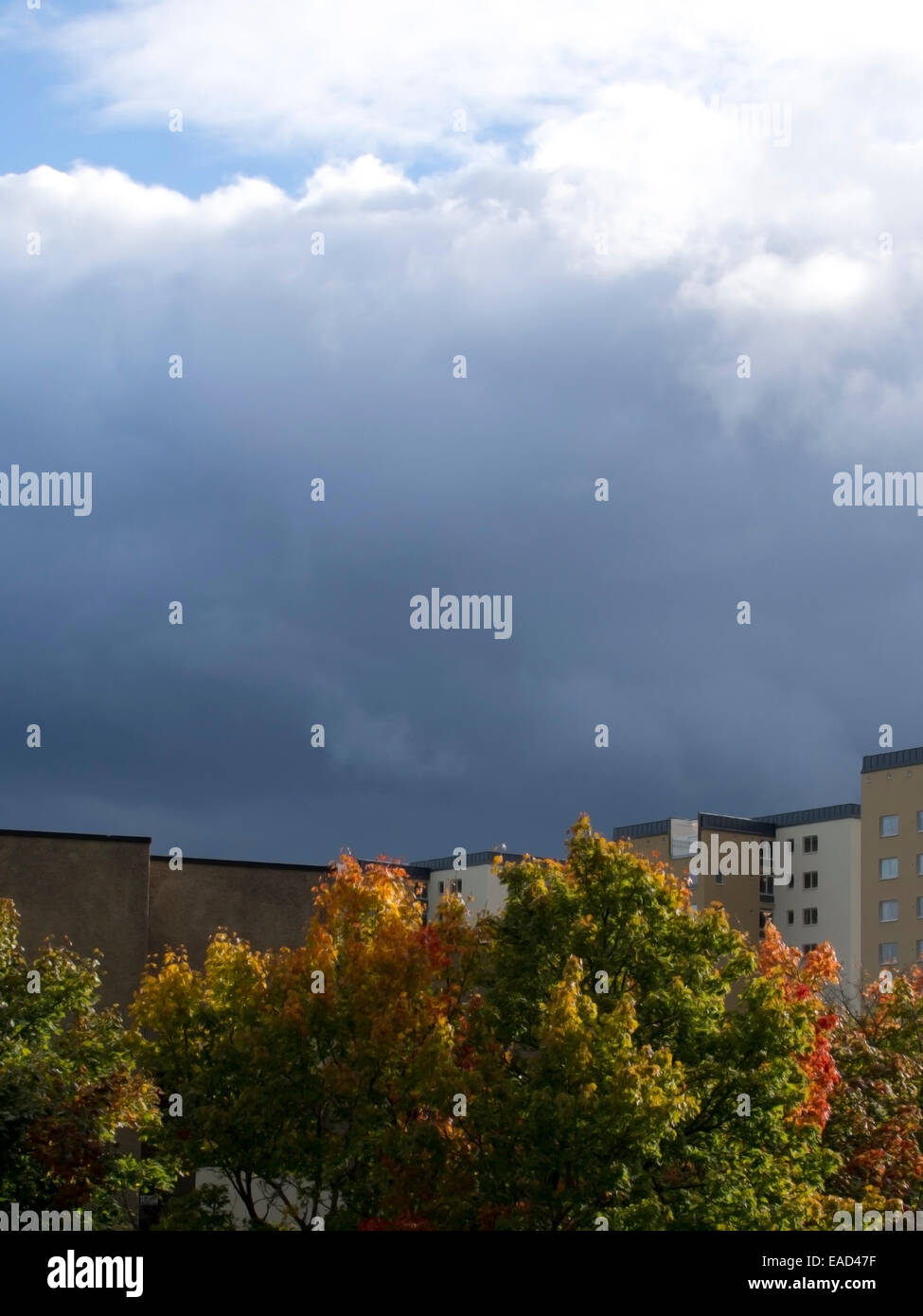 Autumn thunder skies and buildings in Vallingby, outside Stockholm ...