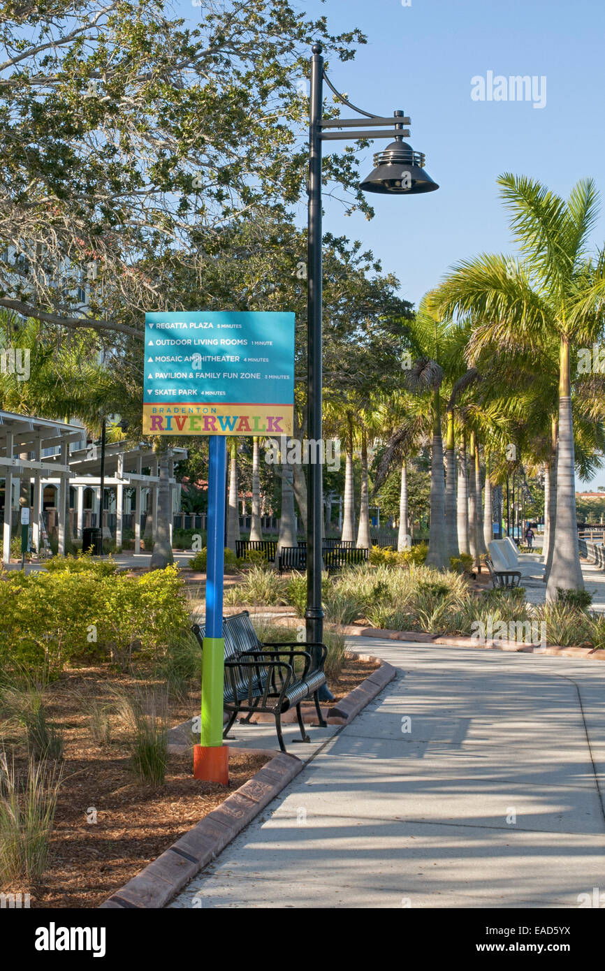 A sign at Bradenton Riverwalk with Riverwalk information next to a ...