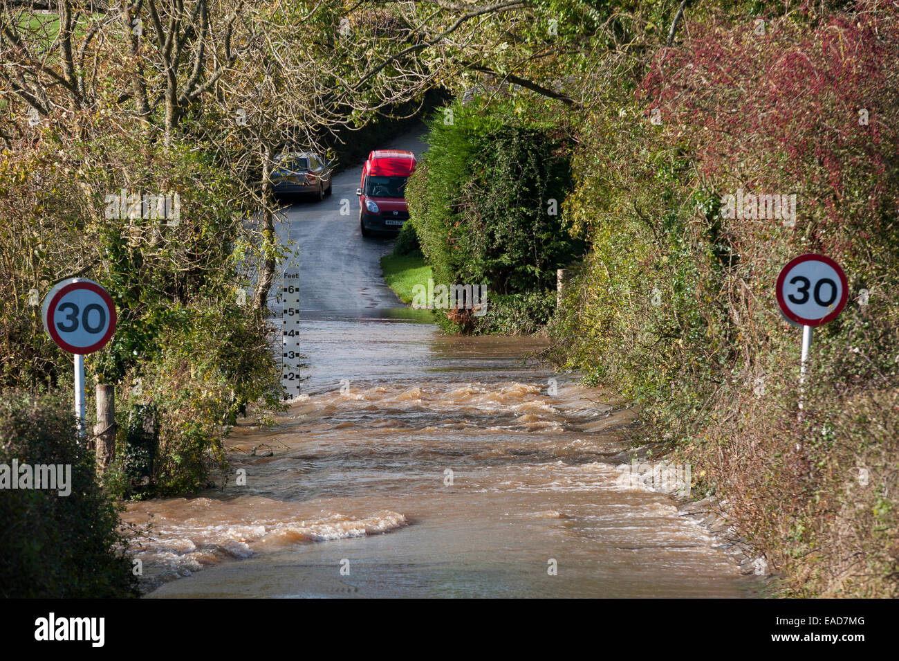 Flooding near Rewe, Exeter, Devon, UK, where the River Culm burst its ...