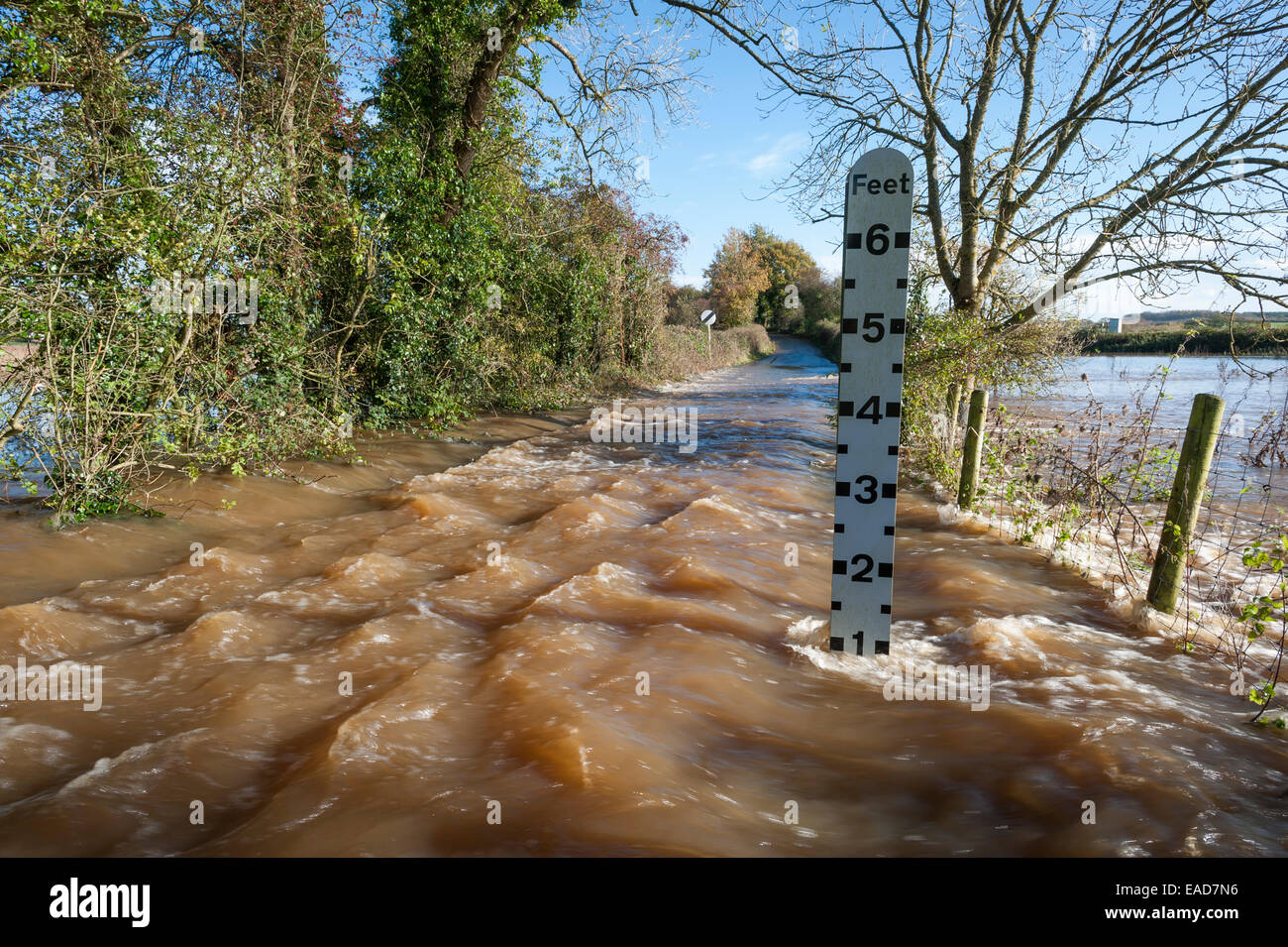 Flooding near Rewe, Exeter, Devon, UK, where the River Culm burst its ...