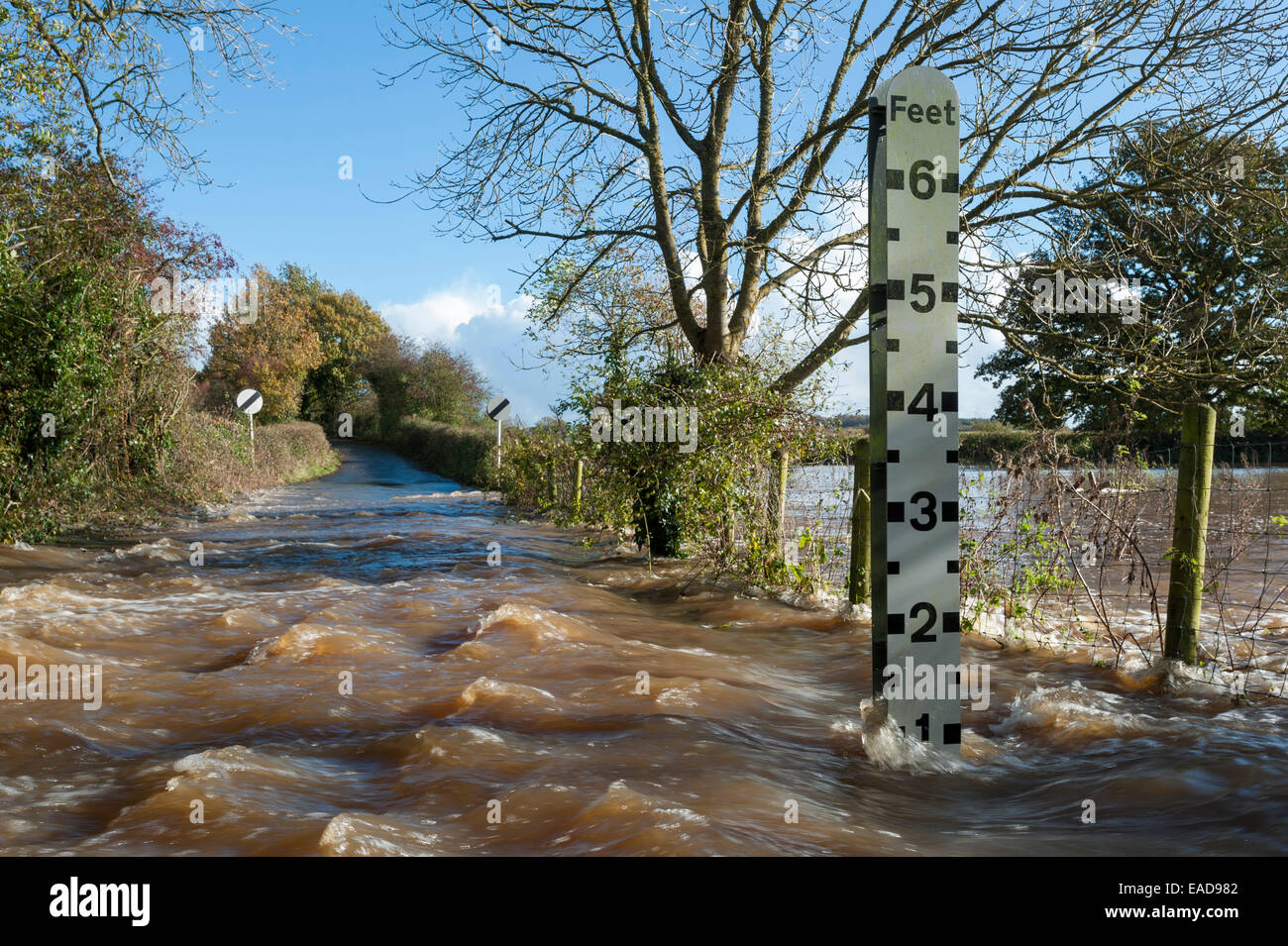 Flooding near Rewe, Exeter, Devon, UK, where the River Culm burst its ...
