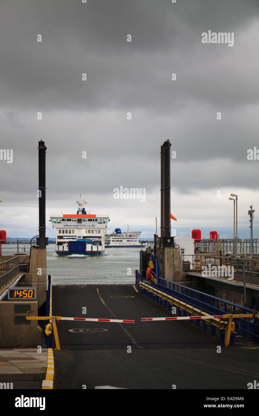 Wightlink car ferry approching loading ramp with barriers down Stock ...