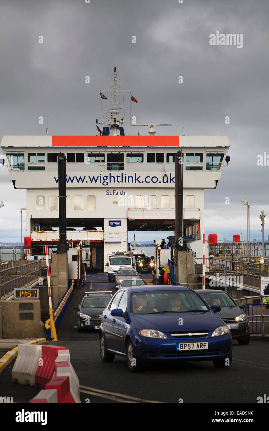 Cars leaving a Wightlink car ferry up access ramp Stock Photo - Alamy