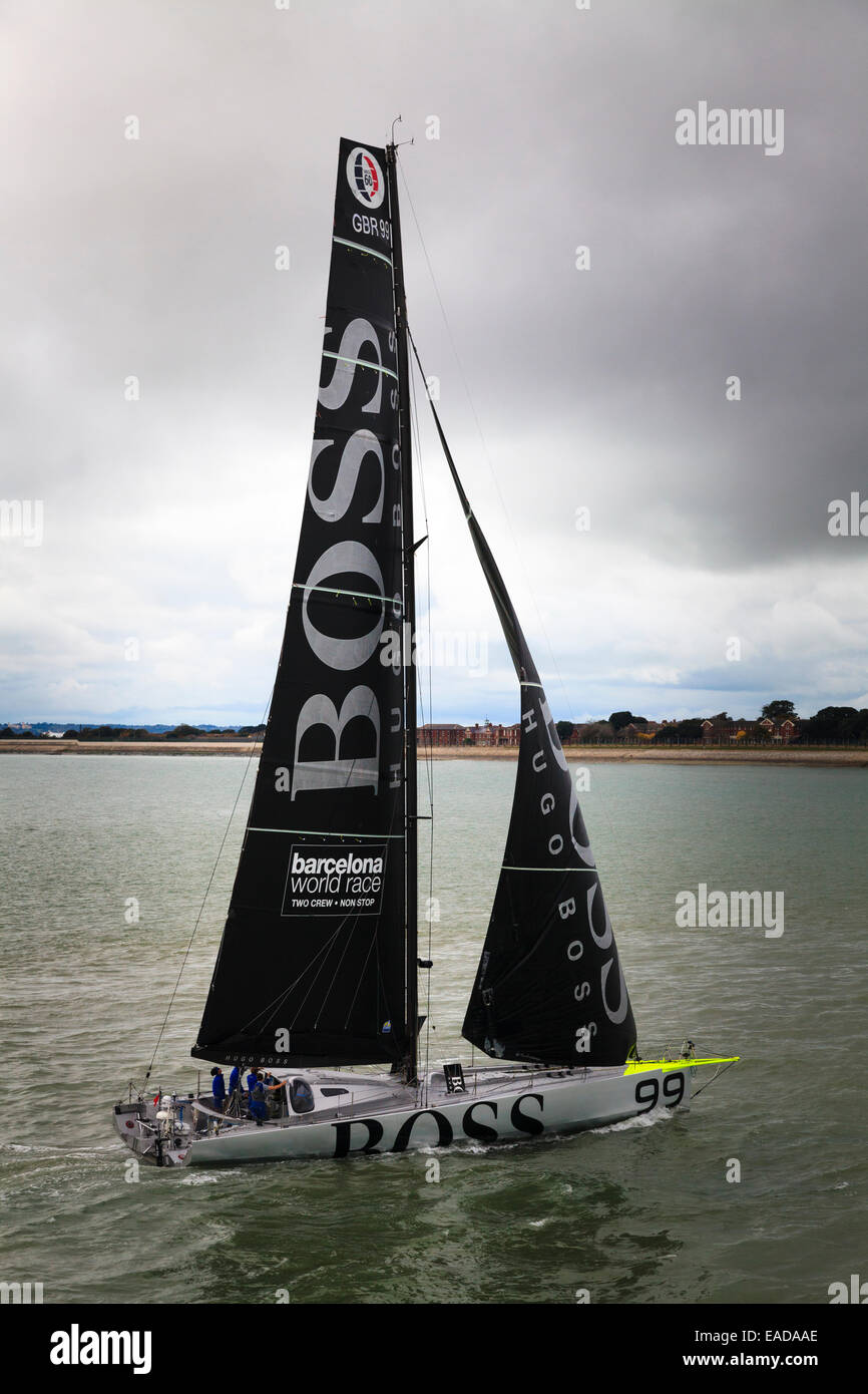 Boss racing yacht sailing back into harbour Stock Photo - Alamy