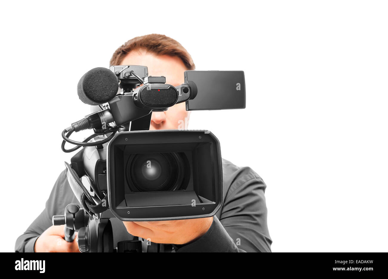 Video camera operator isolated on white background Stock Photo - Alamy