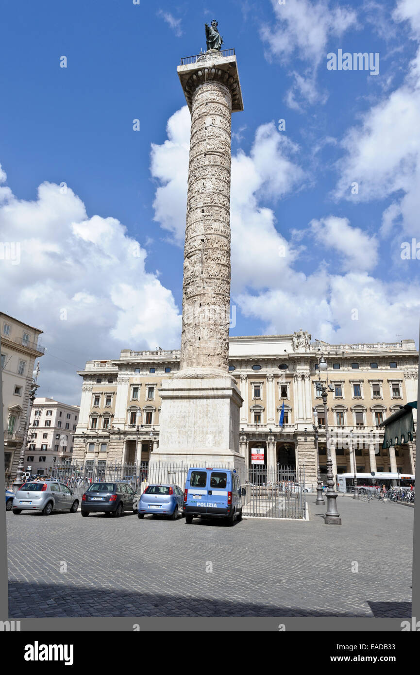 The Marcus Aurelius column with stone carvings of ancient Roman battles ...