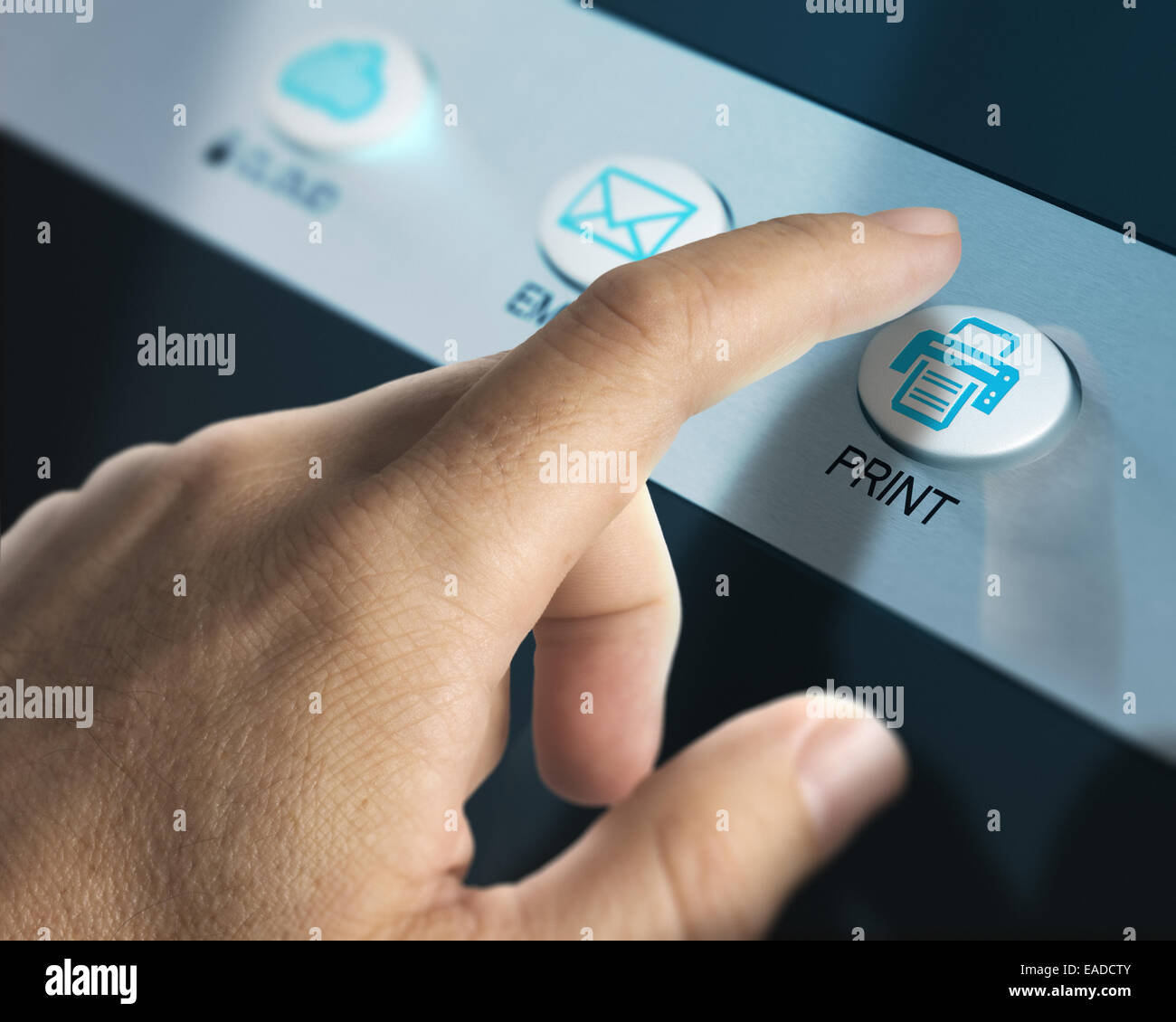 One finger pressing a print button over white background, image concept ...