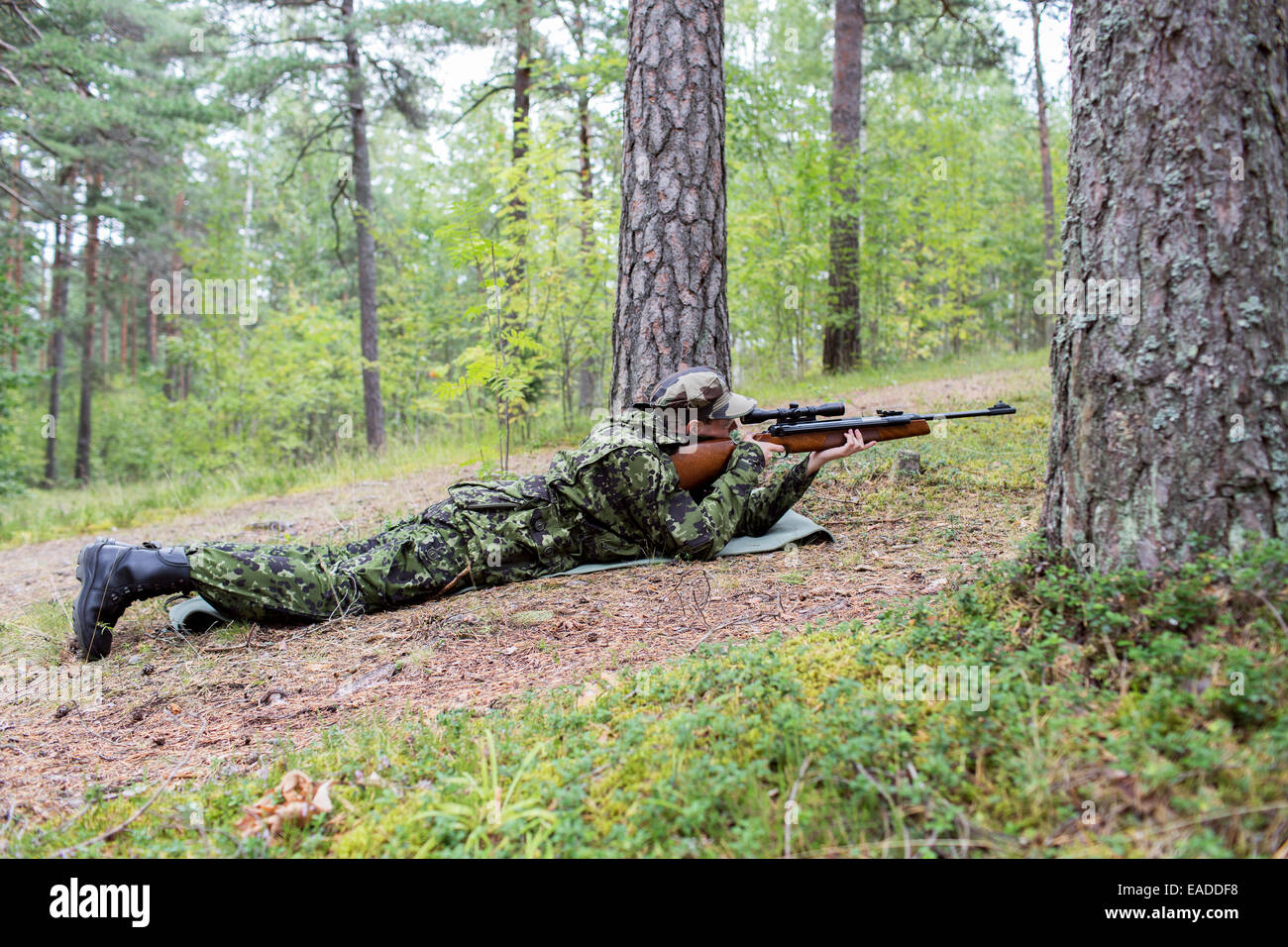 young soldier or hunter with gun in forest Stock Photo - Alamy