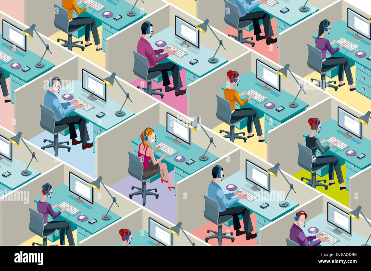 Isometric Office Cubicles. Men and women working with headset in a call ...