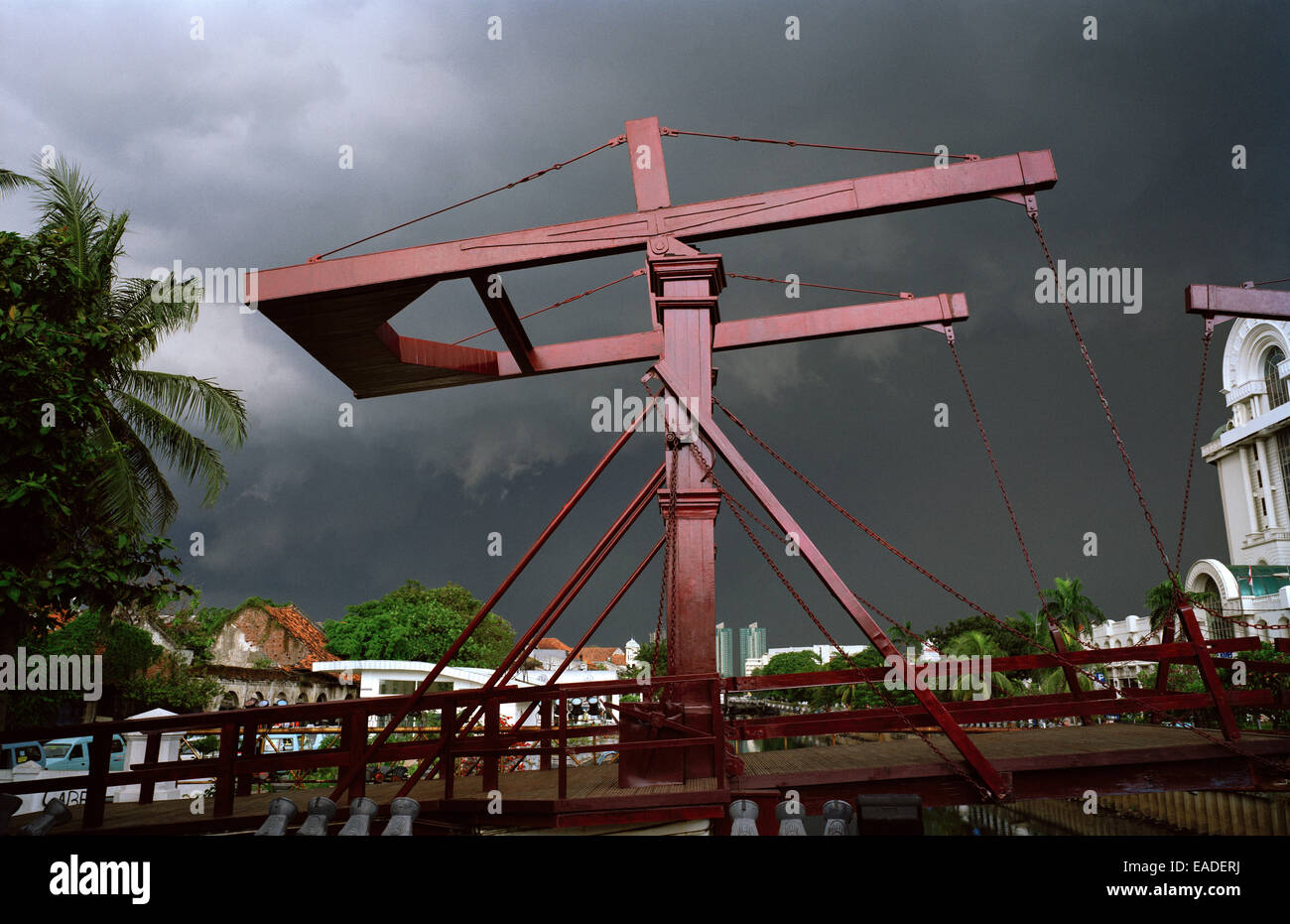 Stormy sky behind the drawbridge Kota Intan Bridge in Jakarta in Java ...