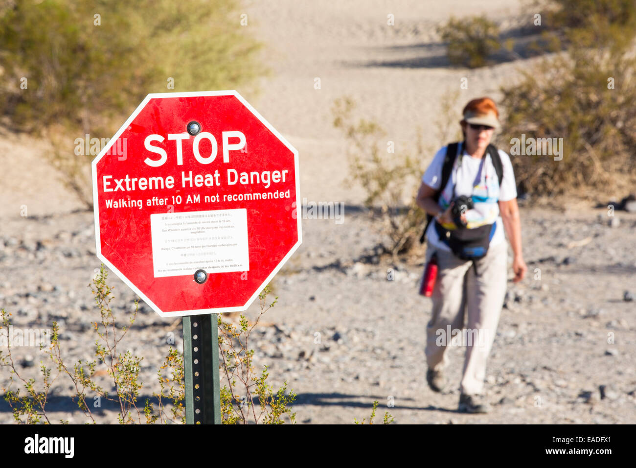 An extreme heat danger sign in Death Valley which is the lowest ...