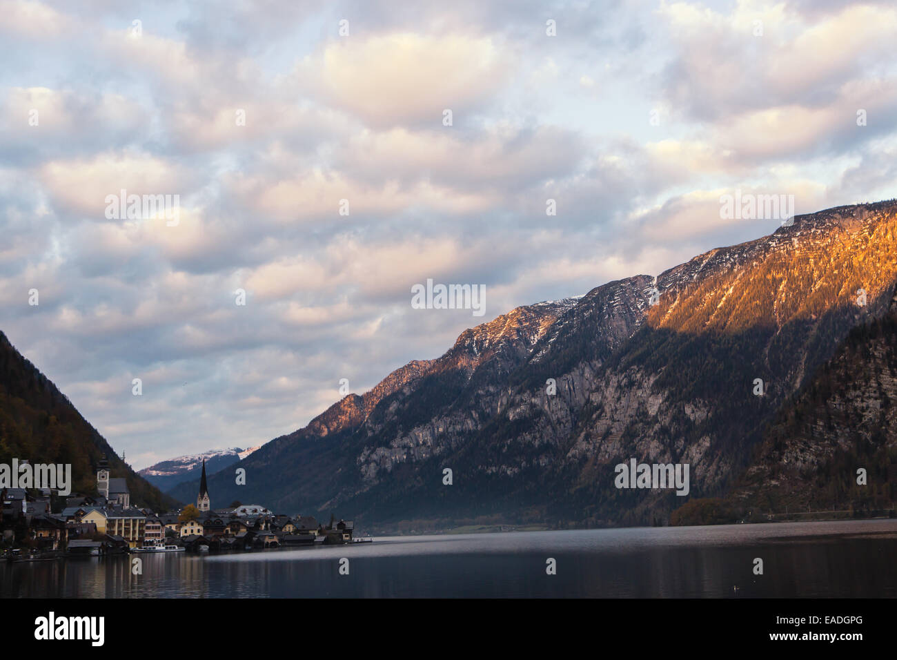 View of the lake and the city of Hallstatt during fall season Stock ...