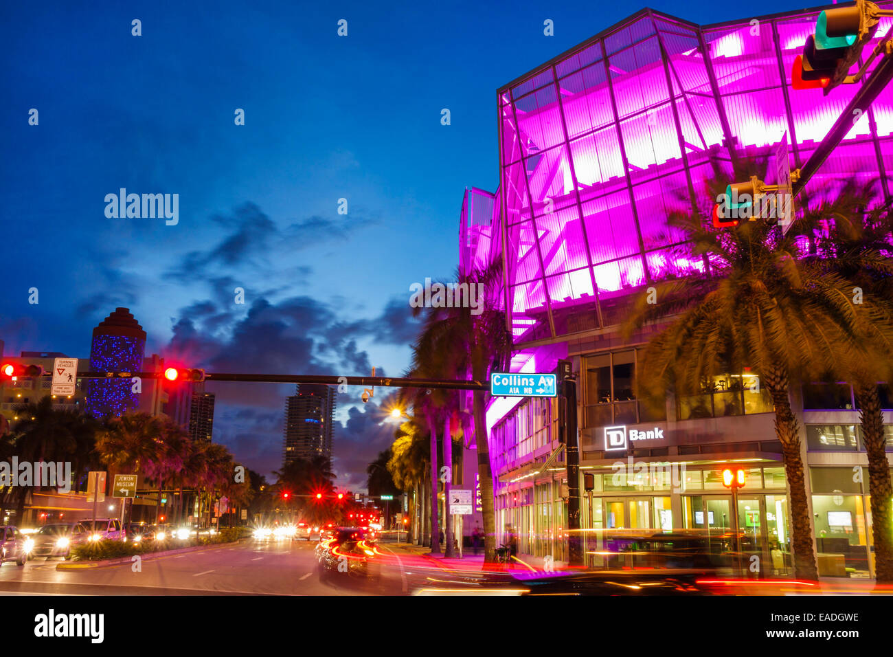 Miami Beach Florida,5th Fifth Street,dusk,evening,night,Collins Avenue ...