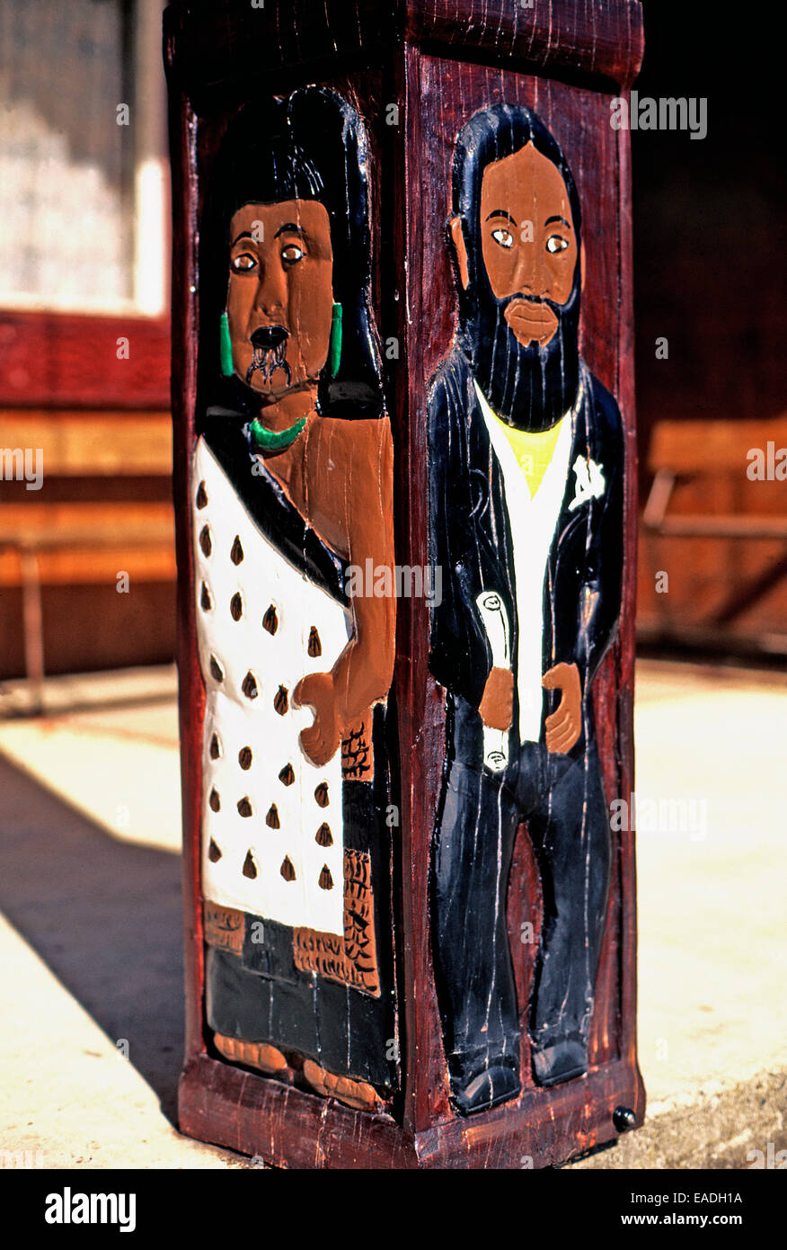 Maori meeting house, center post detail,North Island,New Zealand Stock ...