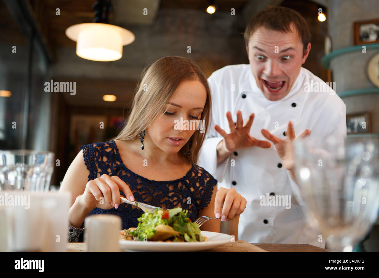 Guest taste a food. Chef's emotion concept Stock Photo - Alamy