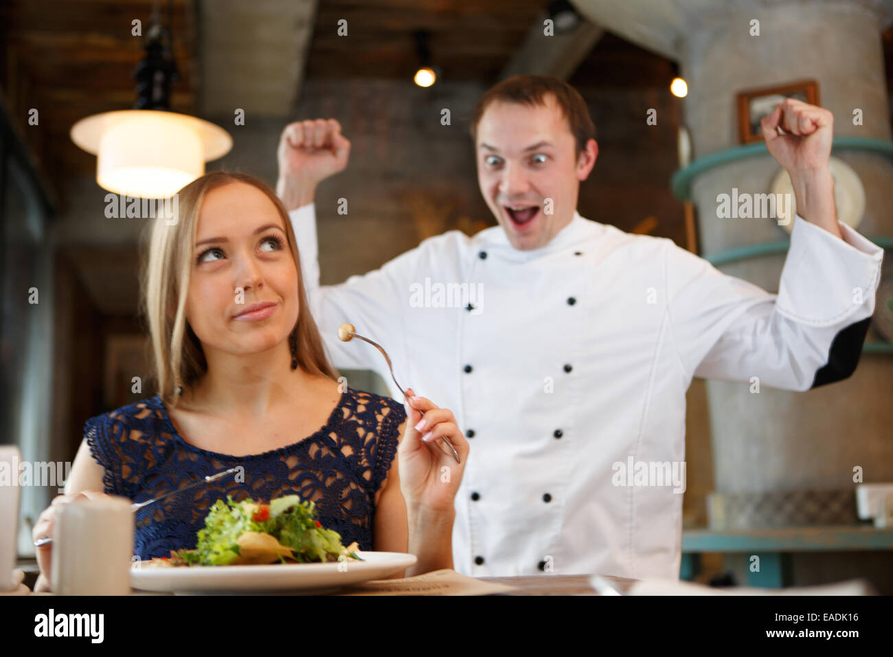 Guest taste a food. Chef's emotion concept Stock Photo - Alamy