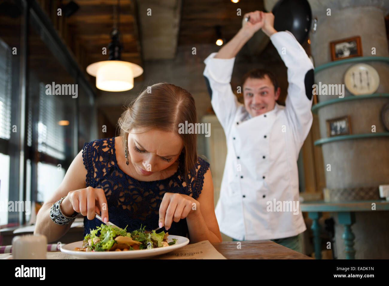 annoying guest and chief's pan Stock Photo - Alamy