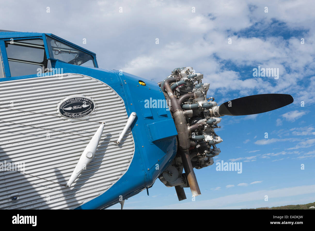 Nose and cockpit of Ford Tri-motor vintage airliner with radial engine ...