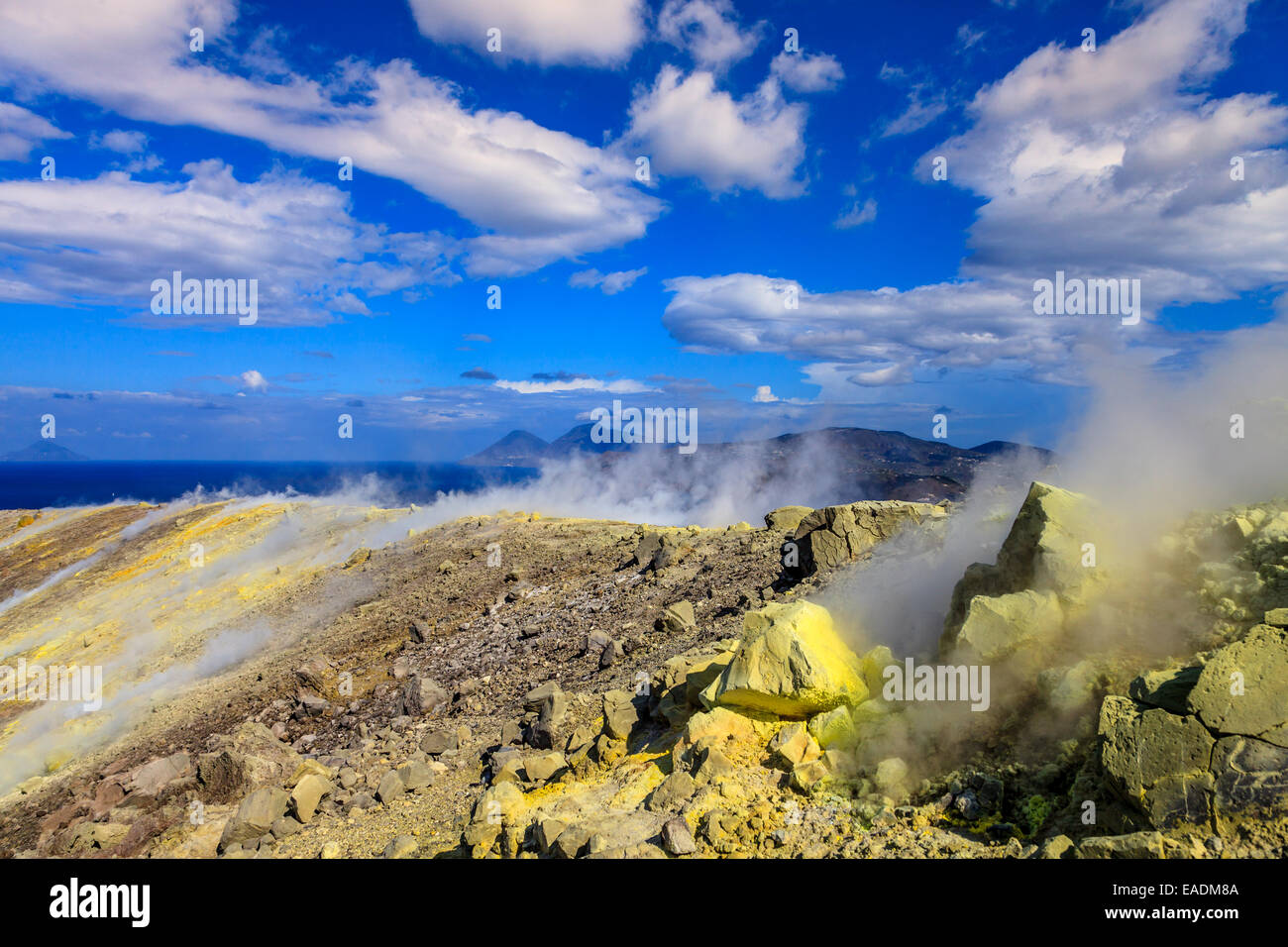 Sulfide gas emanating from the active volcano on the island of Vulcano ...