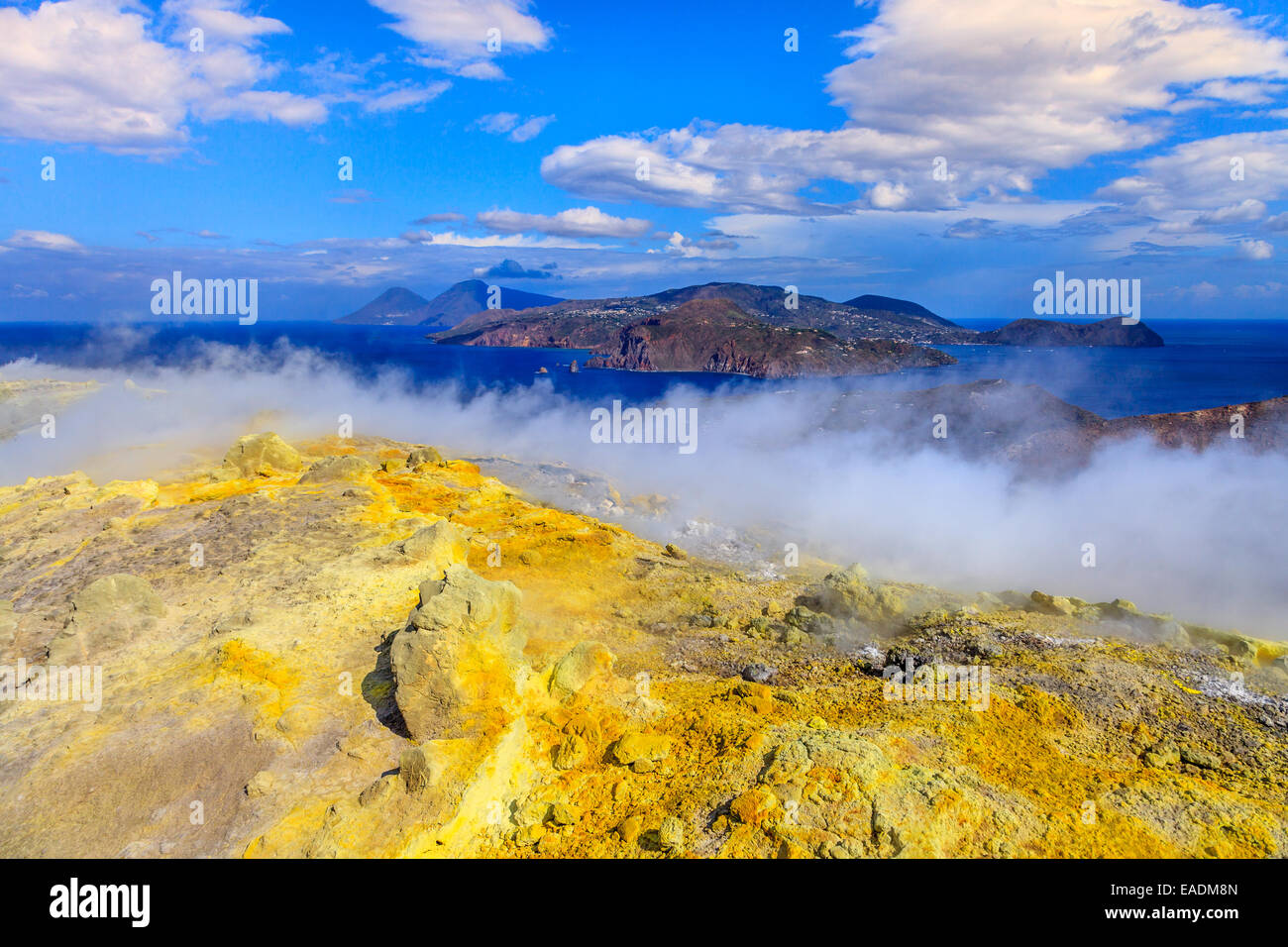 Sulfide gas emanating from the active volcano on the island of Vulcano ...