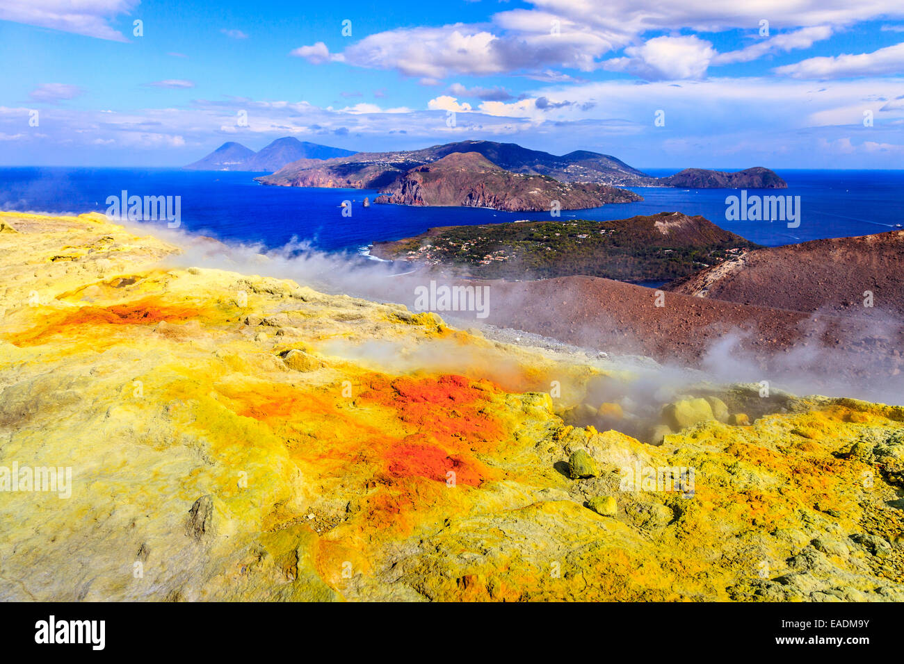 Sulfide gas emanating from the active volcano on the island of Vulcano ...