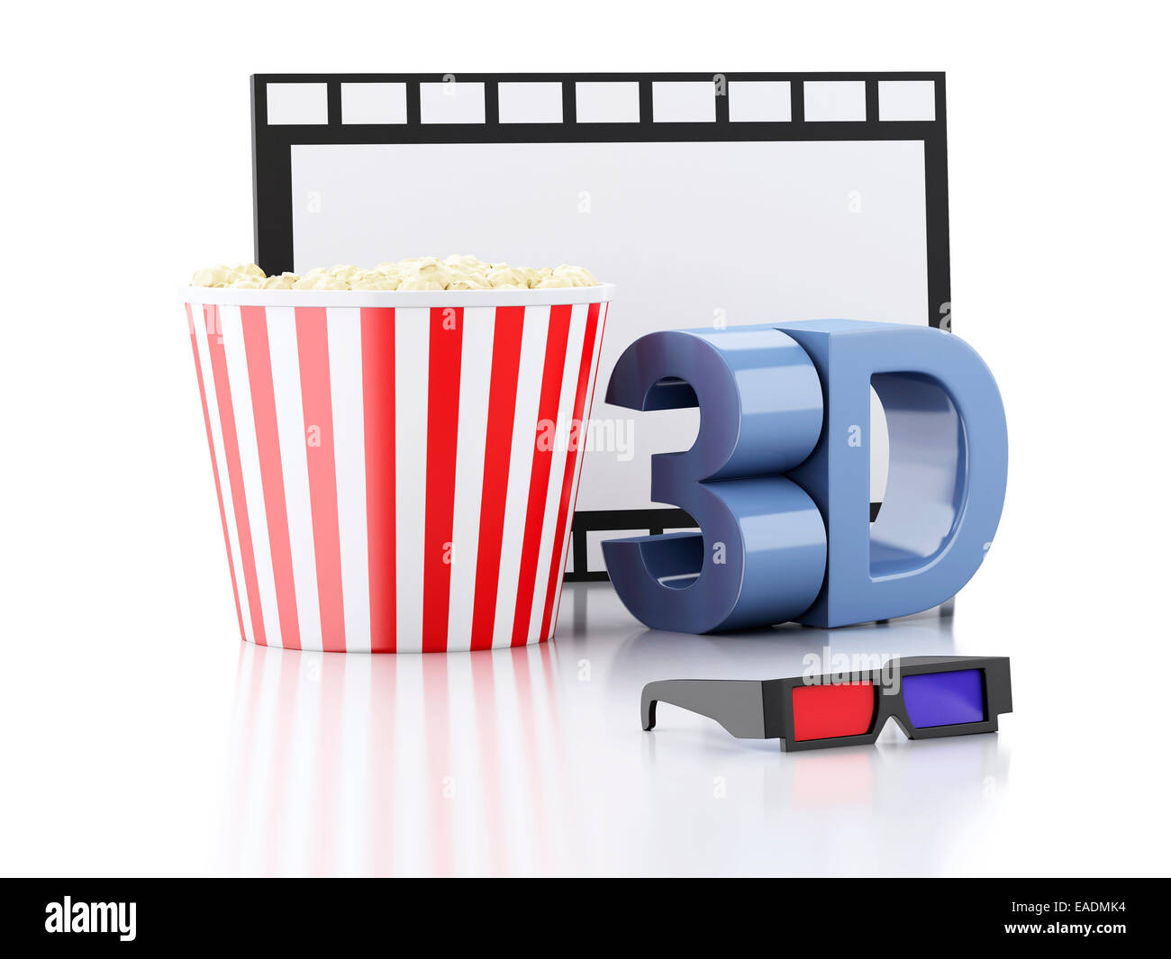 image of popcorn, film reel and 3d glasses. cinematography concept. 3d ...