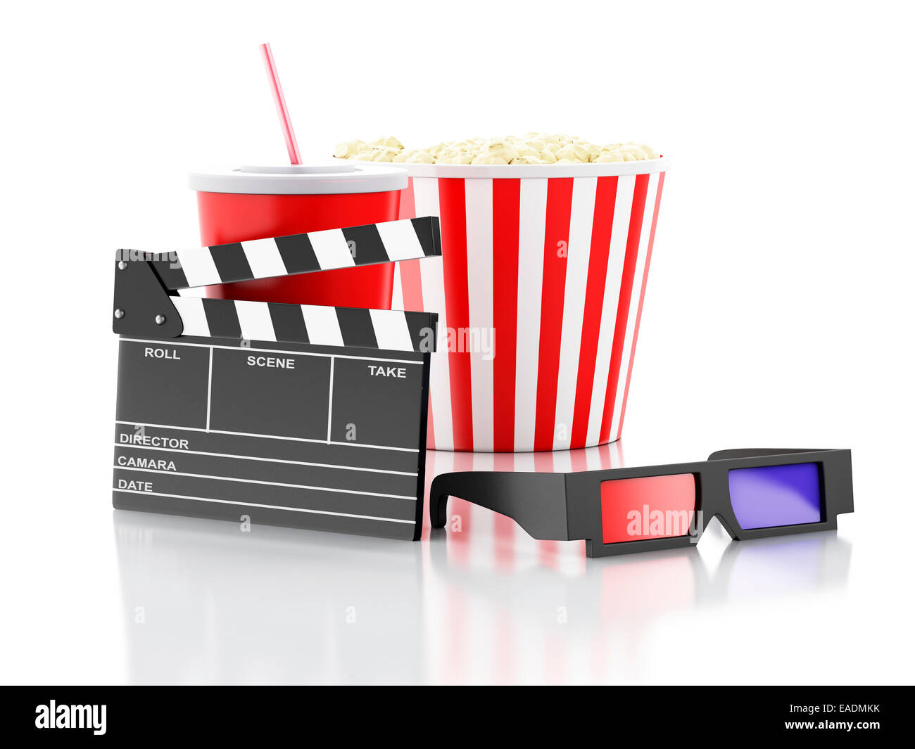 image of cinema clapper board, popcorn, drink and 3d glasses ...