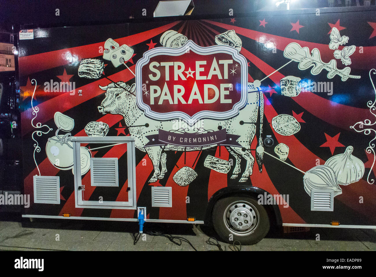 Paris, France, Shopping, French Food Trucks outside, at Night, Sign ...