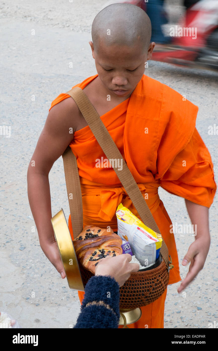 Buddhist monks very early alms walk with begging bowls to receive ...
