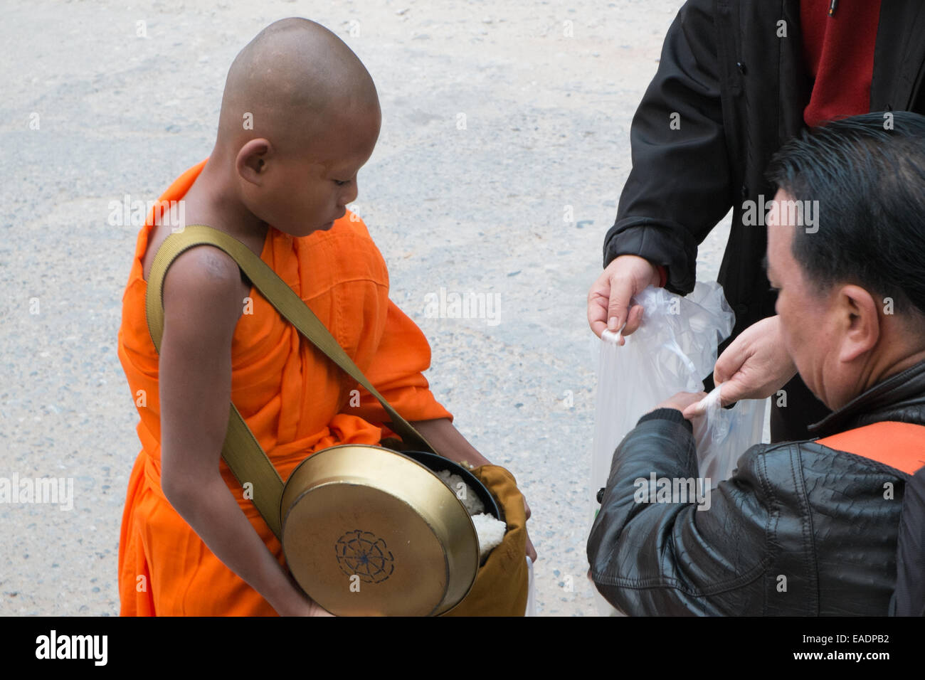 Buddhist monks very early alms walk with begging bowls to receive ...