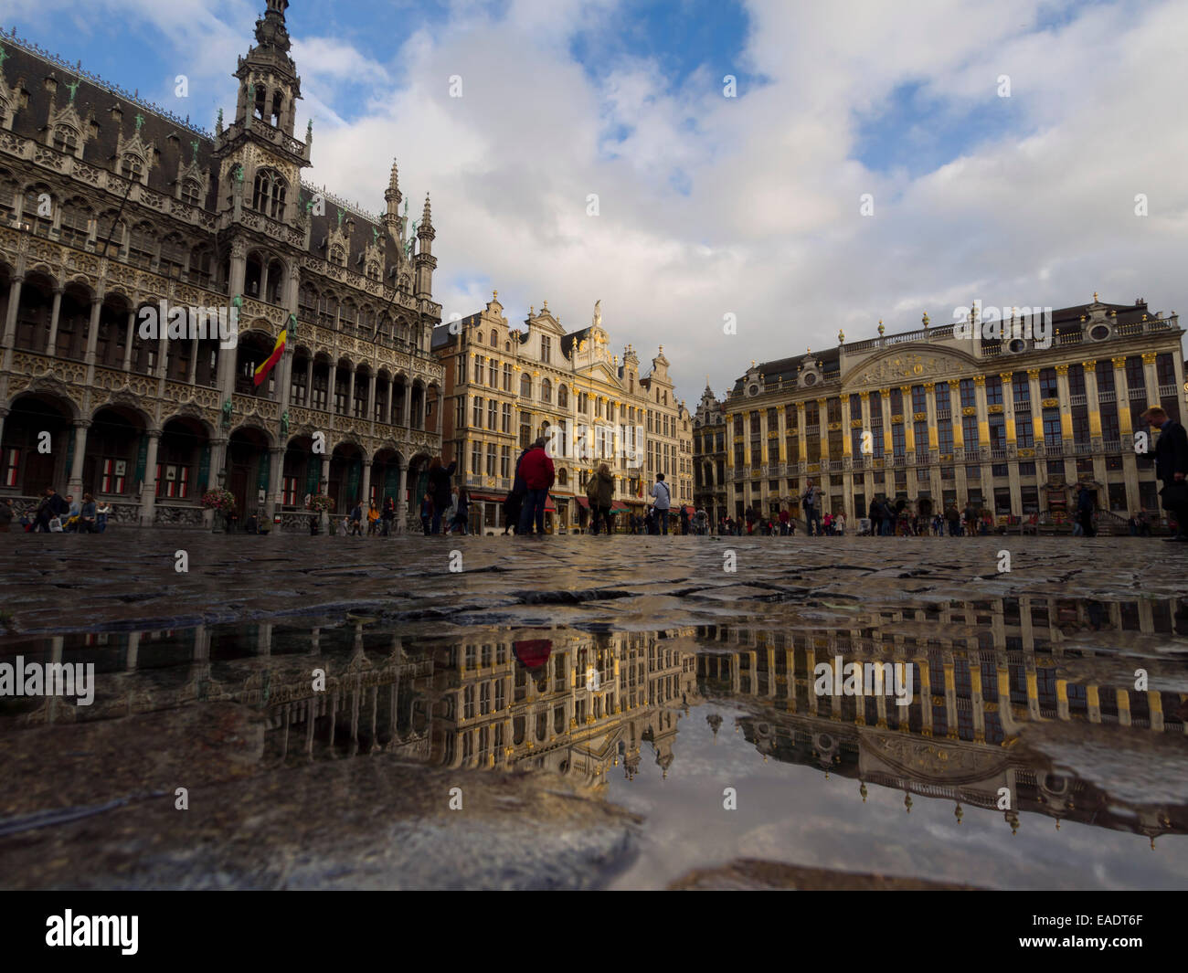 Ornate buildings of the Grand Place in Brussels reflected on a water ...