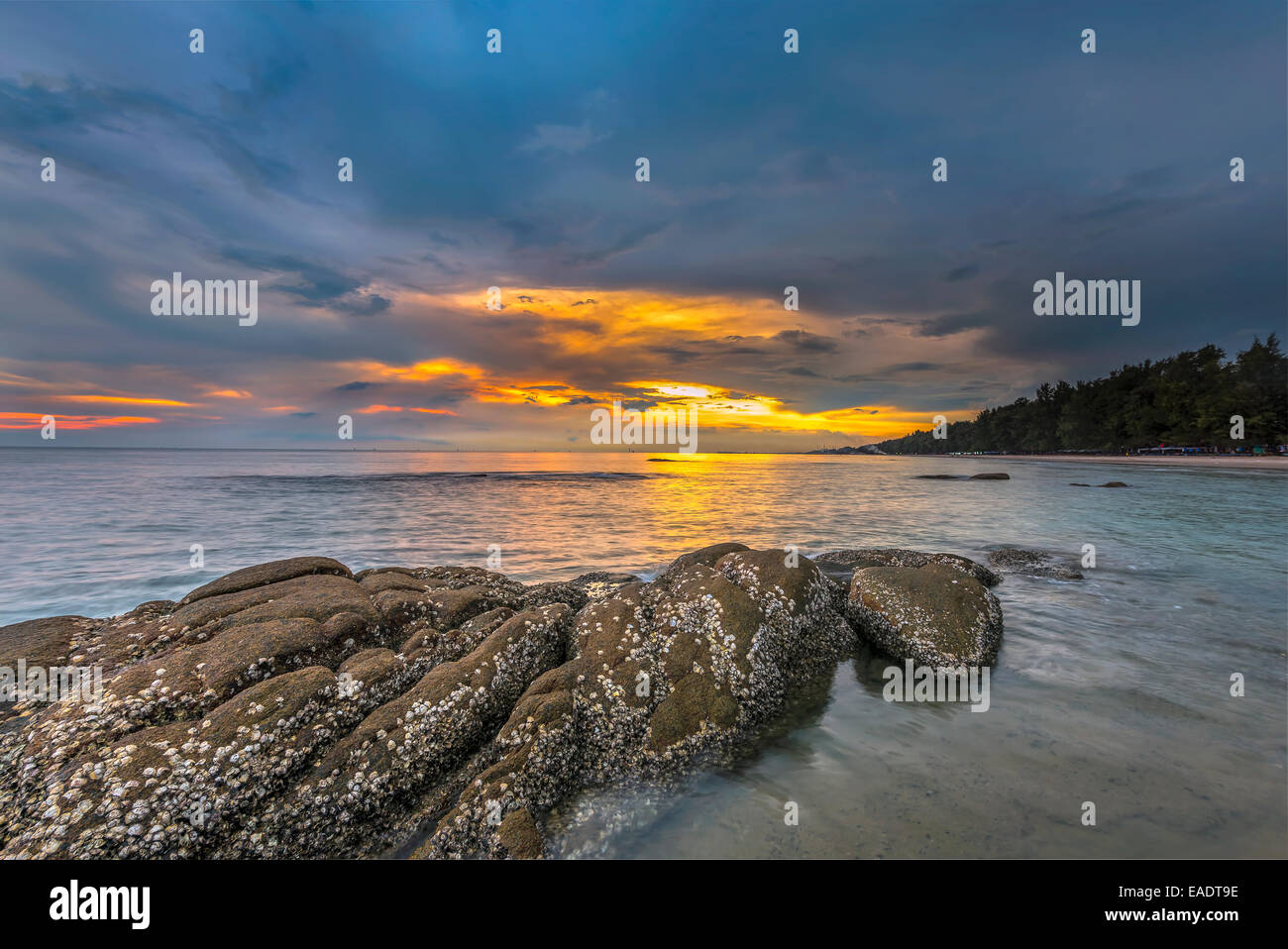 sunset on the rock beach Stock Photo - Alamy