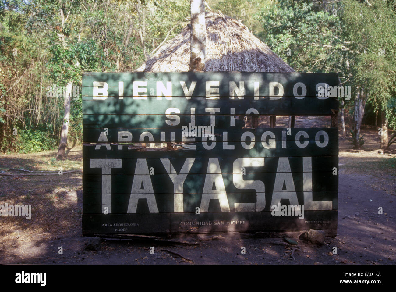 Sign at entrance to the Tayasal Mayan archaeological site on Lake Peten ...