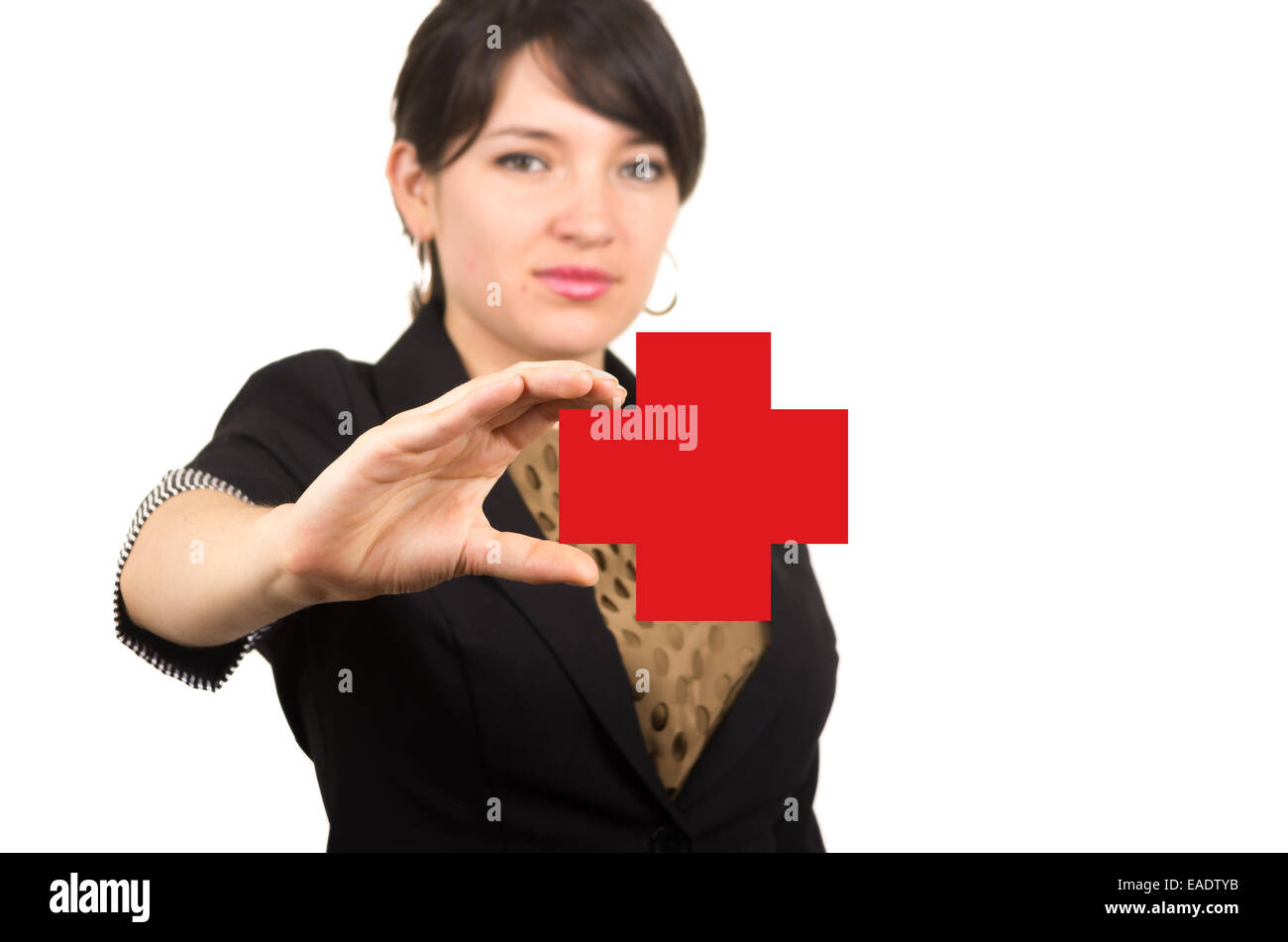 young beautiful girl holding drawn red cross in her hand Stock Photo ...