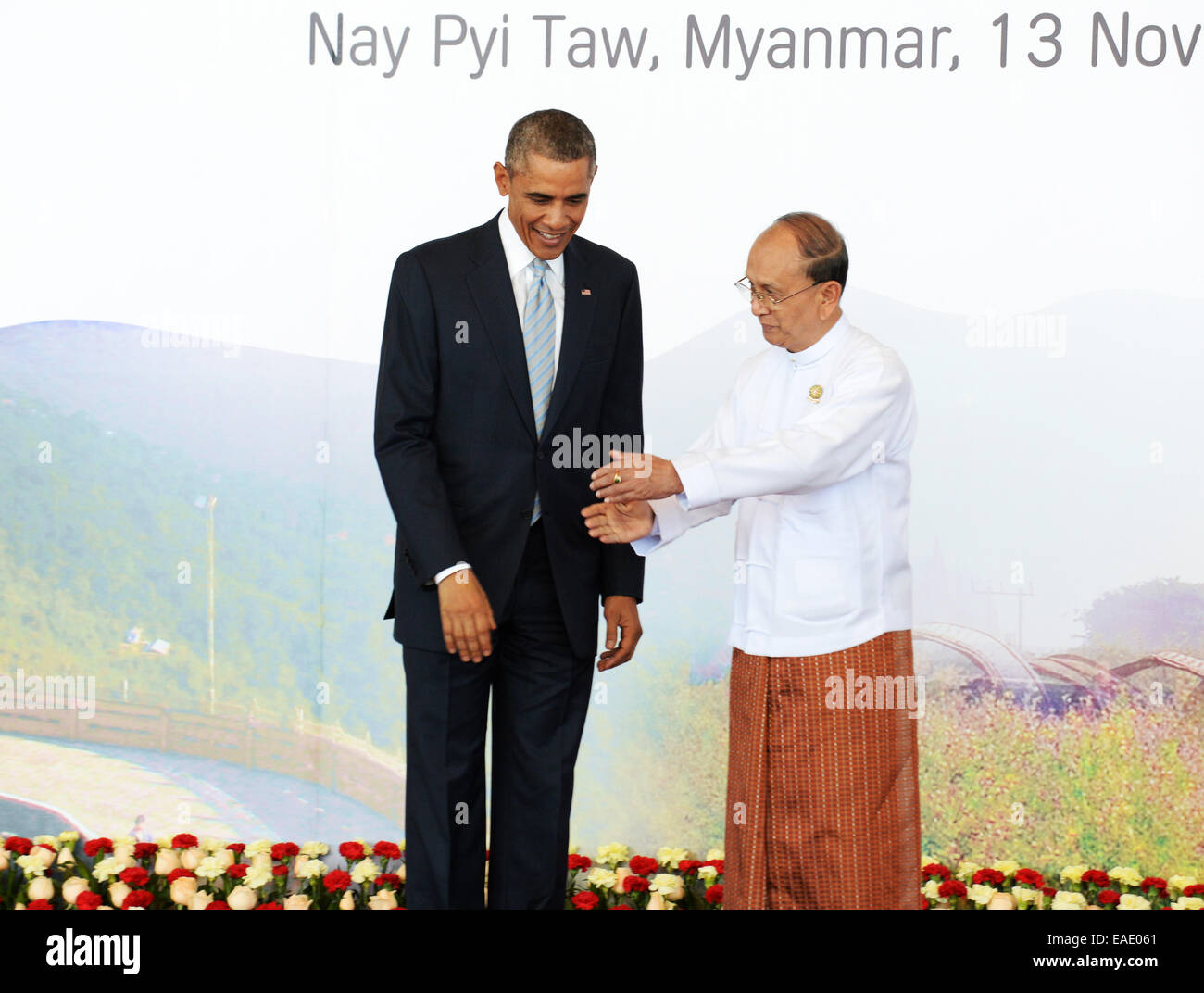 Nay Pyi Taw. 13th Nov, 2014. Myanmar's President U Thein Sein (R ...