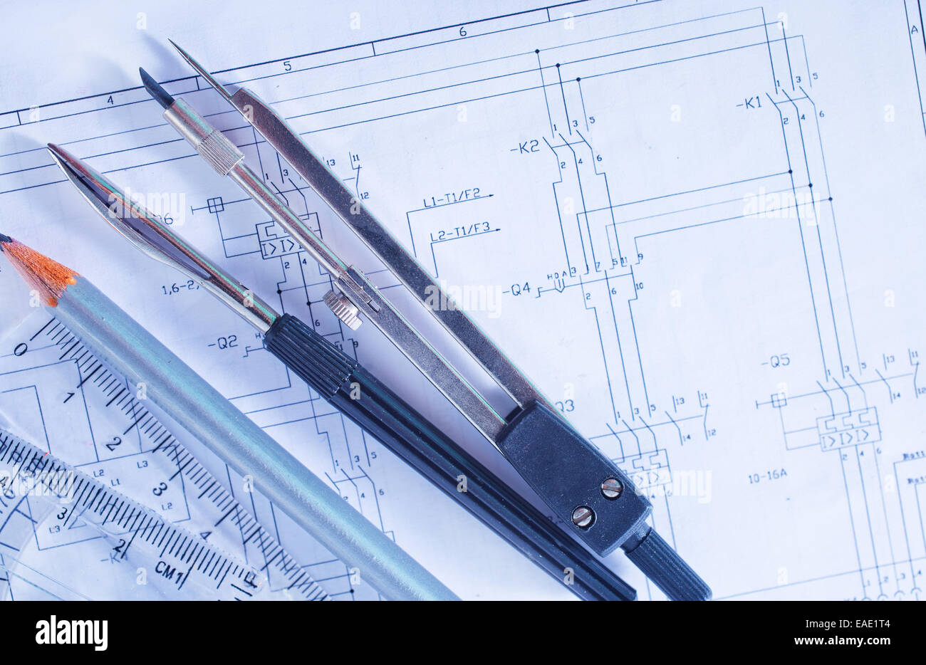 Compass and ruler lie on the drawing Stock Photo - Alamy