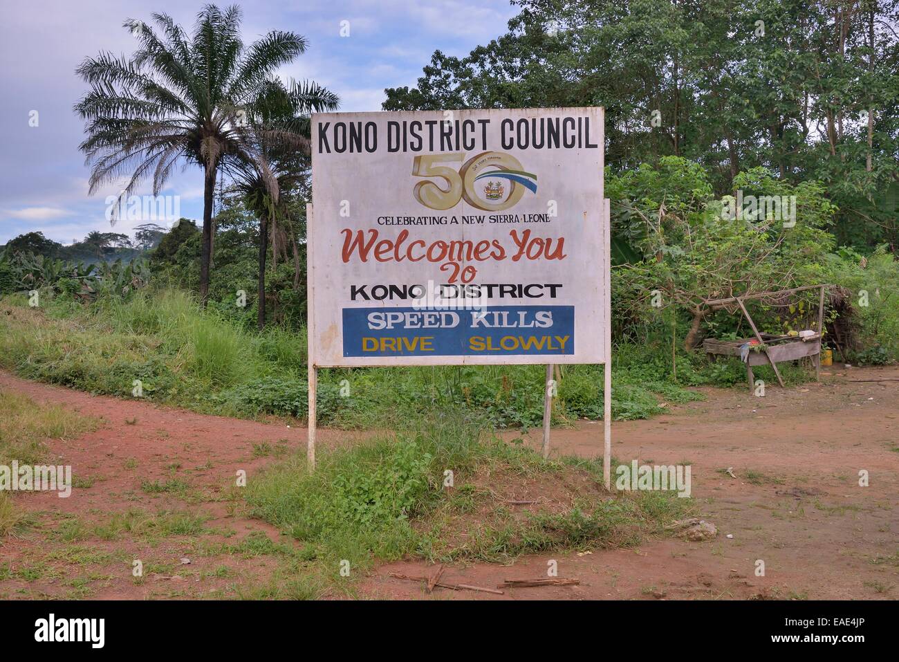Sign at the entrance to Kono District, Eastern Province, Sierra Leone ...