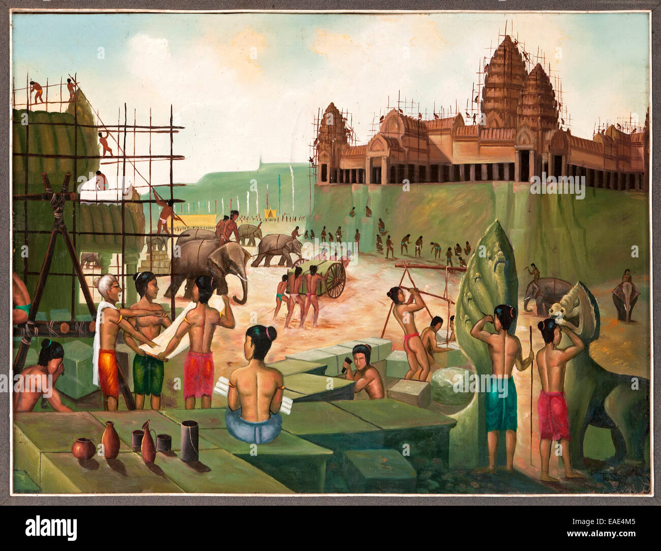 Painting depicting a historical account of the construction of Angkor ...