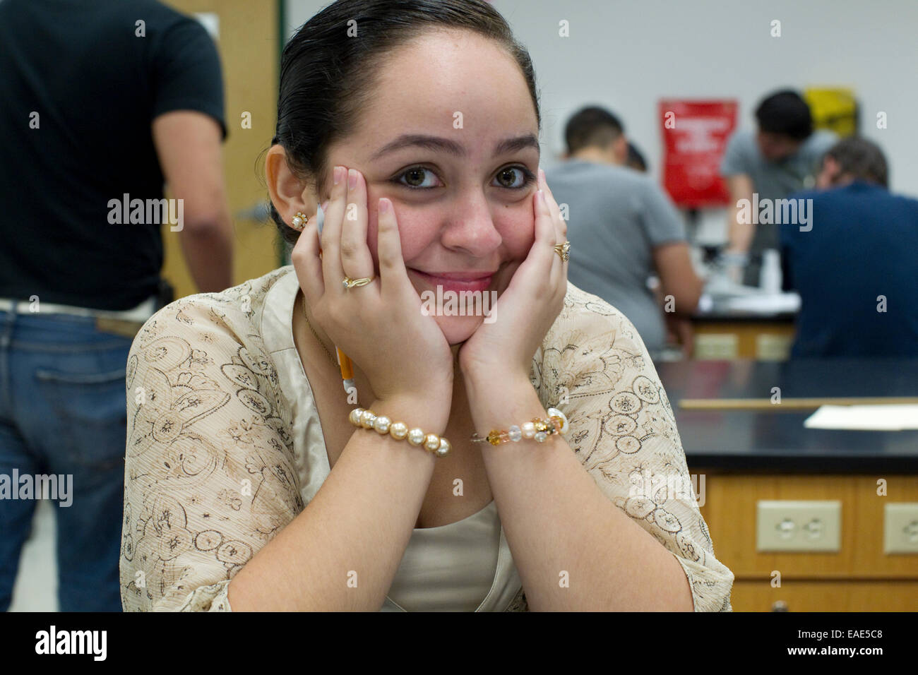 Female Hispanic student in classroom at Achieve Early College High ...
