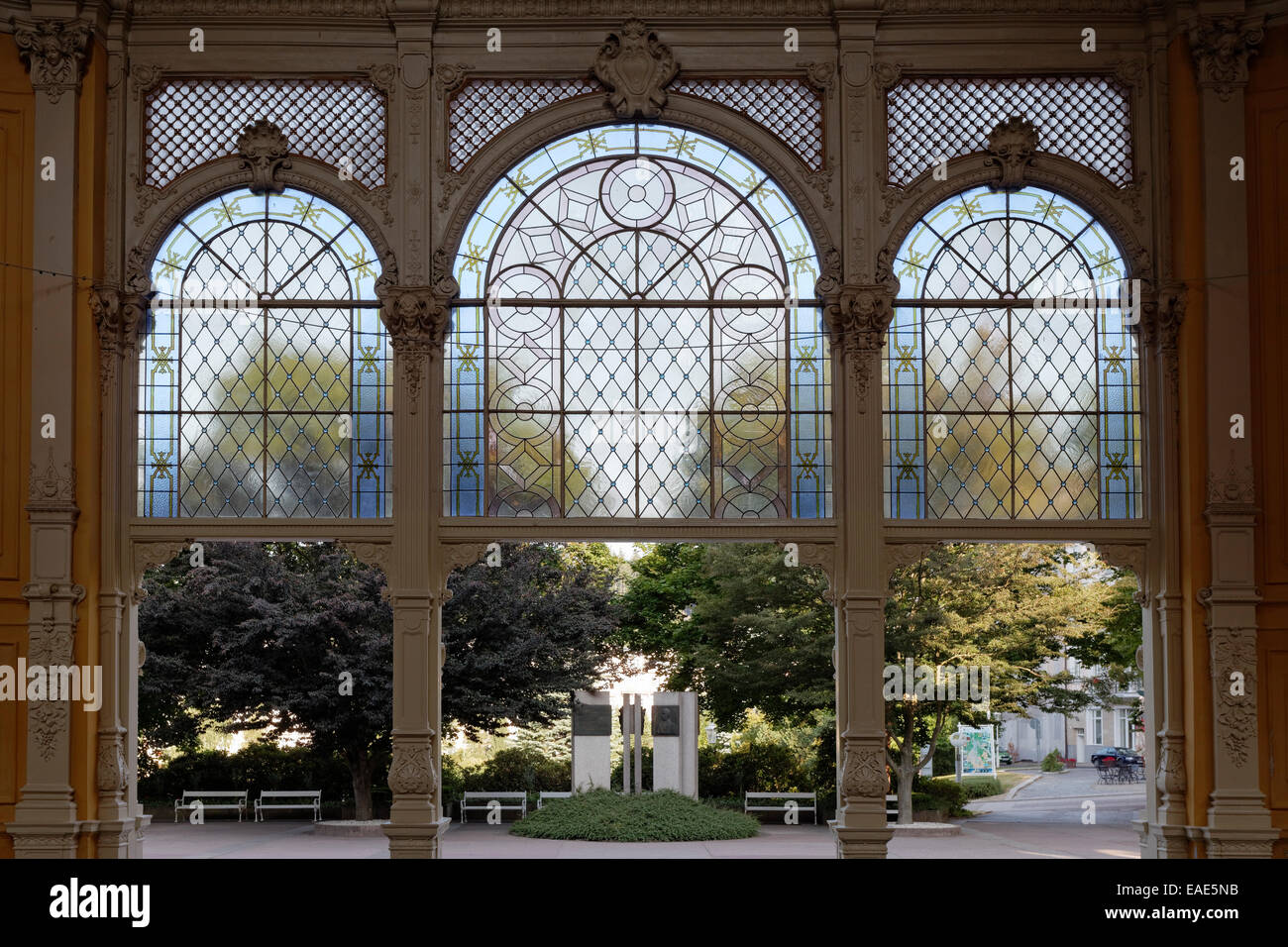 Historical glass window, New Colonnade, Nová kolonáda, Mariánské Lázně ...